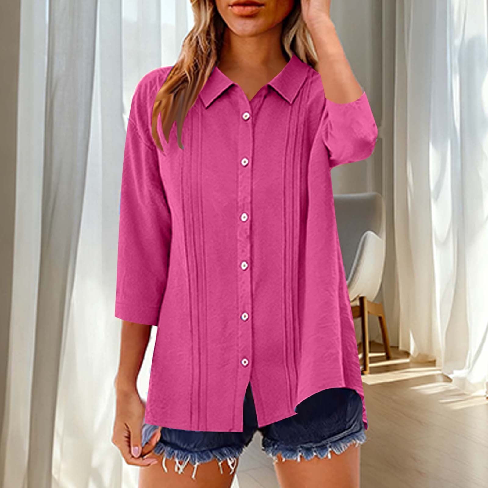 Dealovy Womens Tops Button down Shirts Below-Elbow Sleeve Drop Shoulder ...