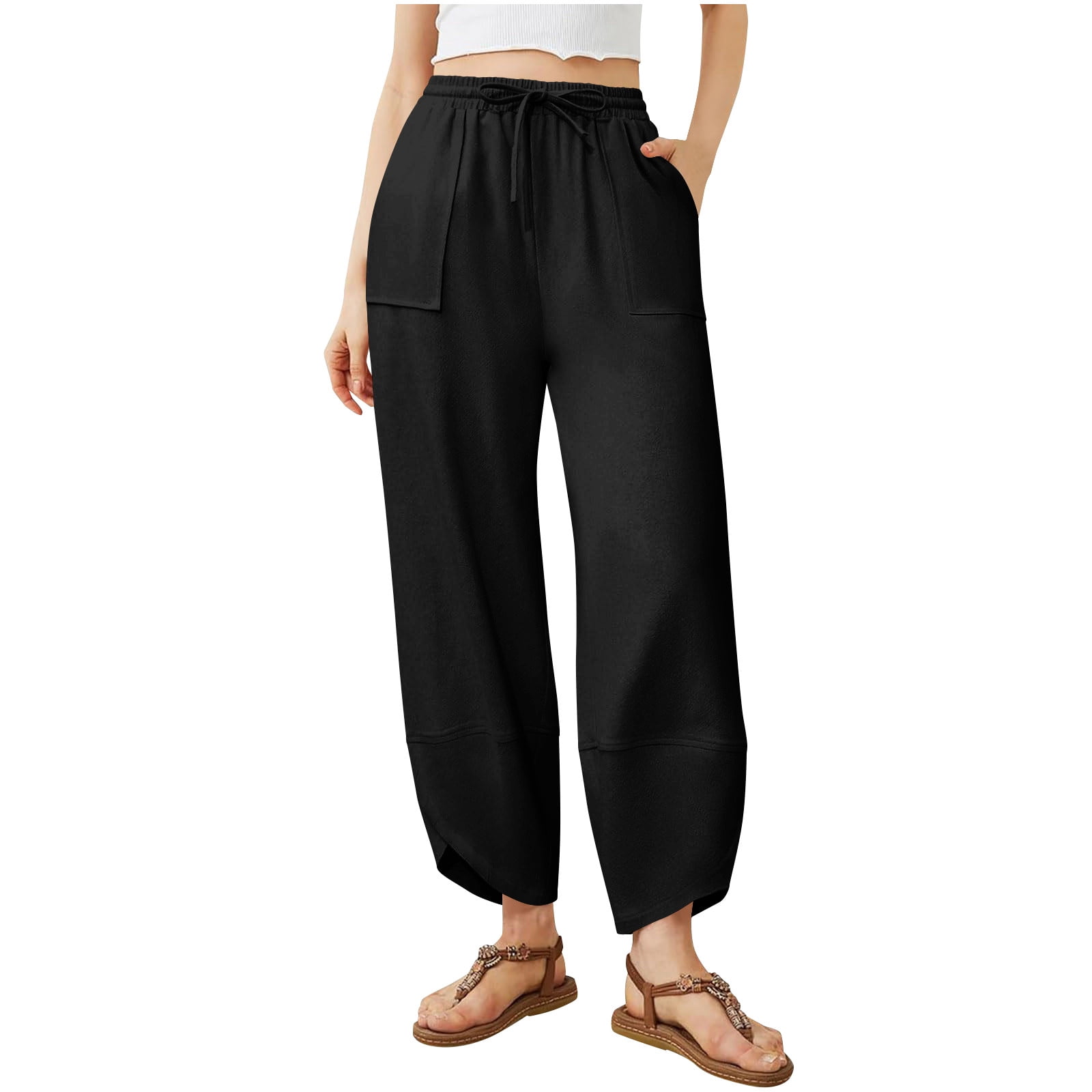 Dealovy women Pants Elastic Waist Wide-Leg Drawstring Trousers Solid ...