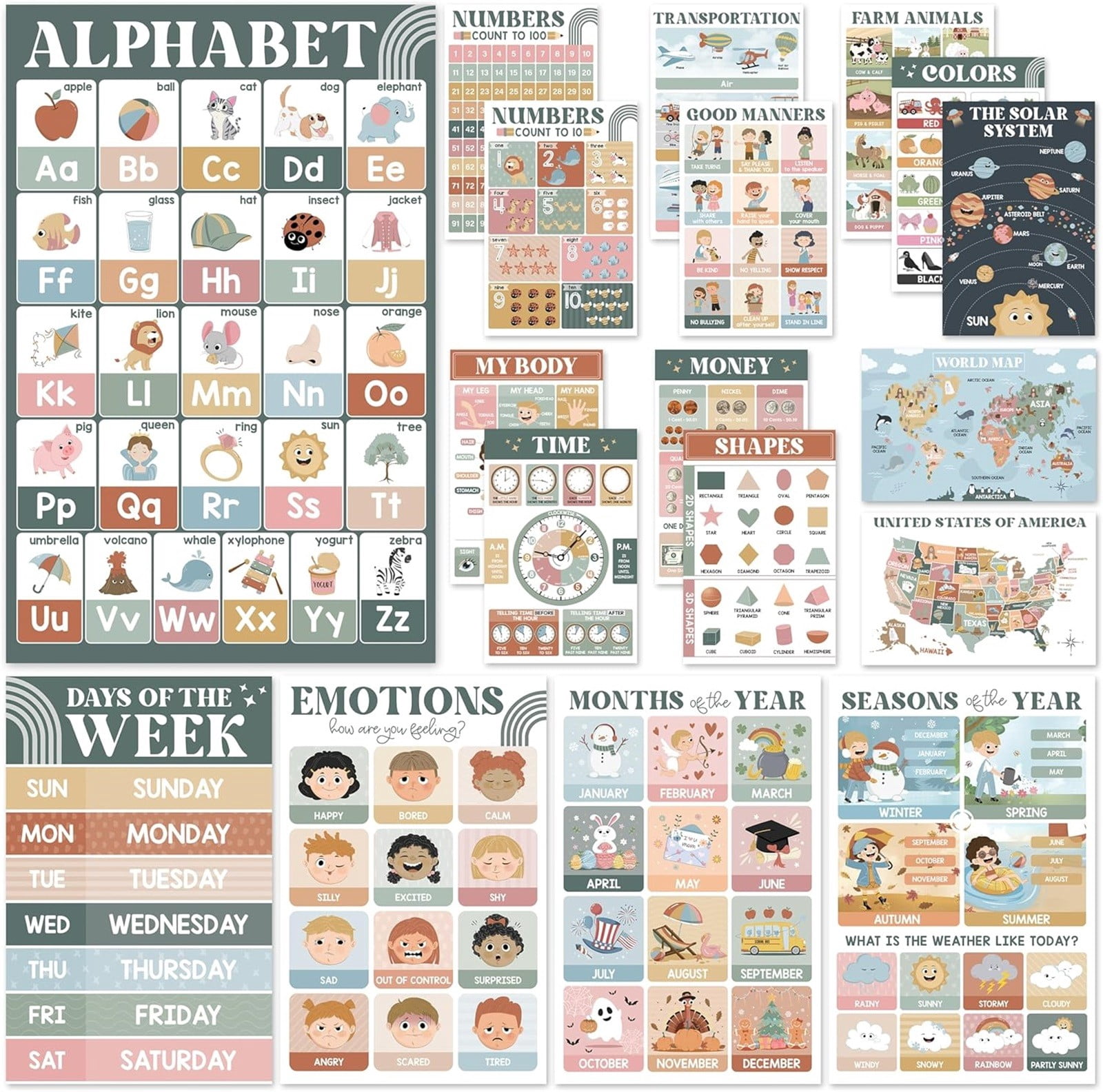 Deals! 18 Modern Boho Educational Posters For Preschoolers Laminated ...