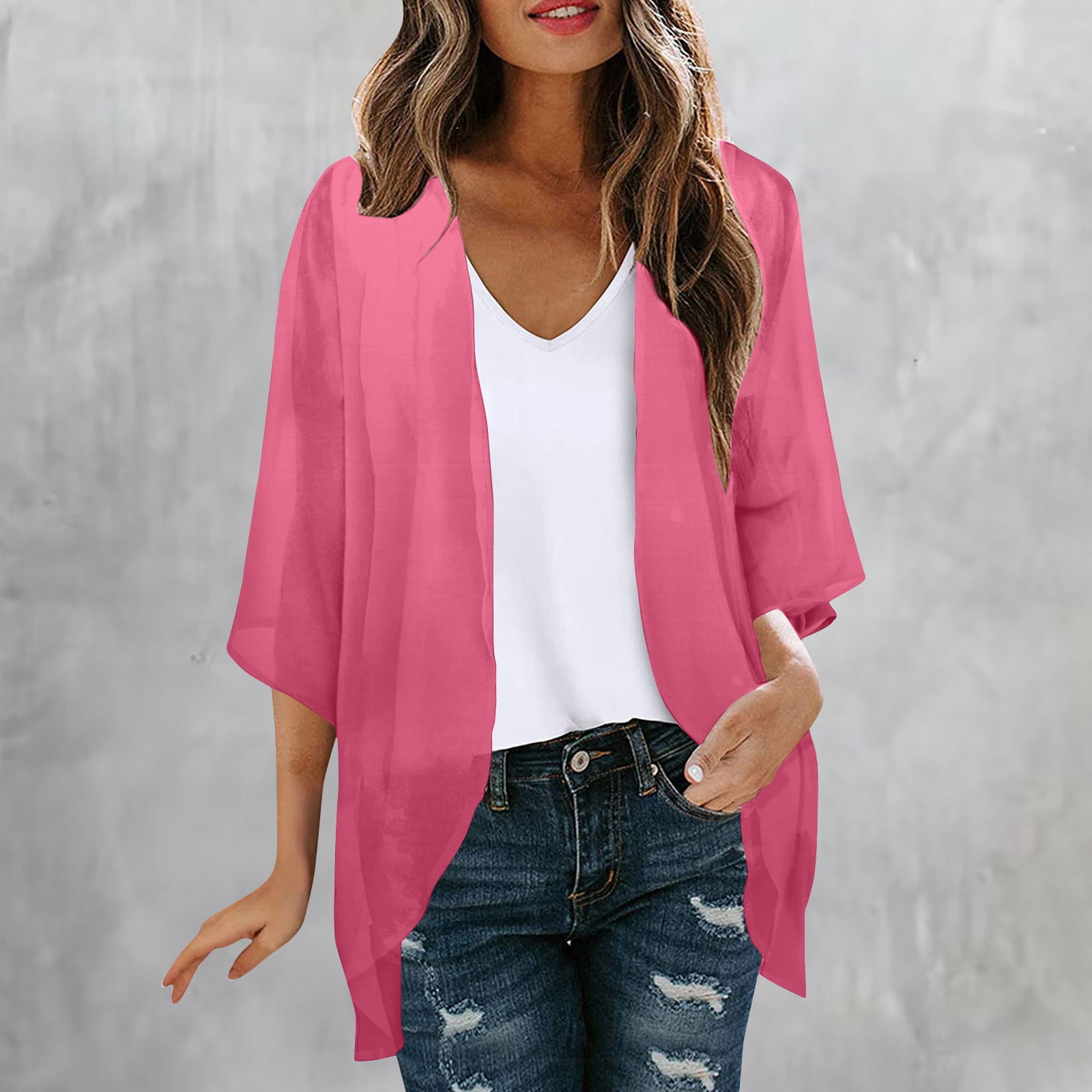 Miqool Women's Beach Cover Ups 3/4 Sleeve Lightweight Open Front Kimono ...