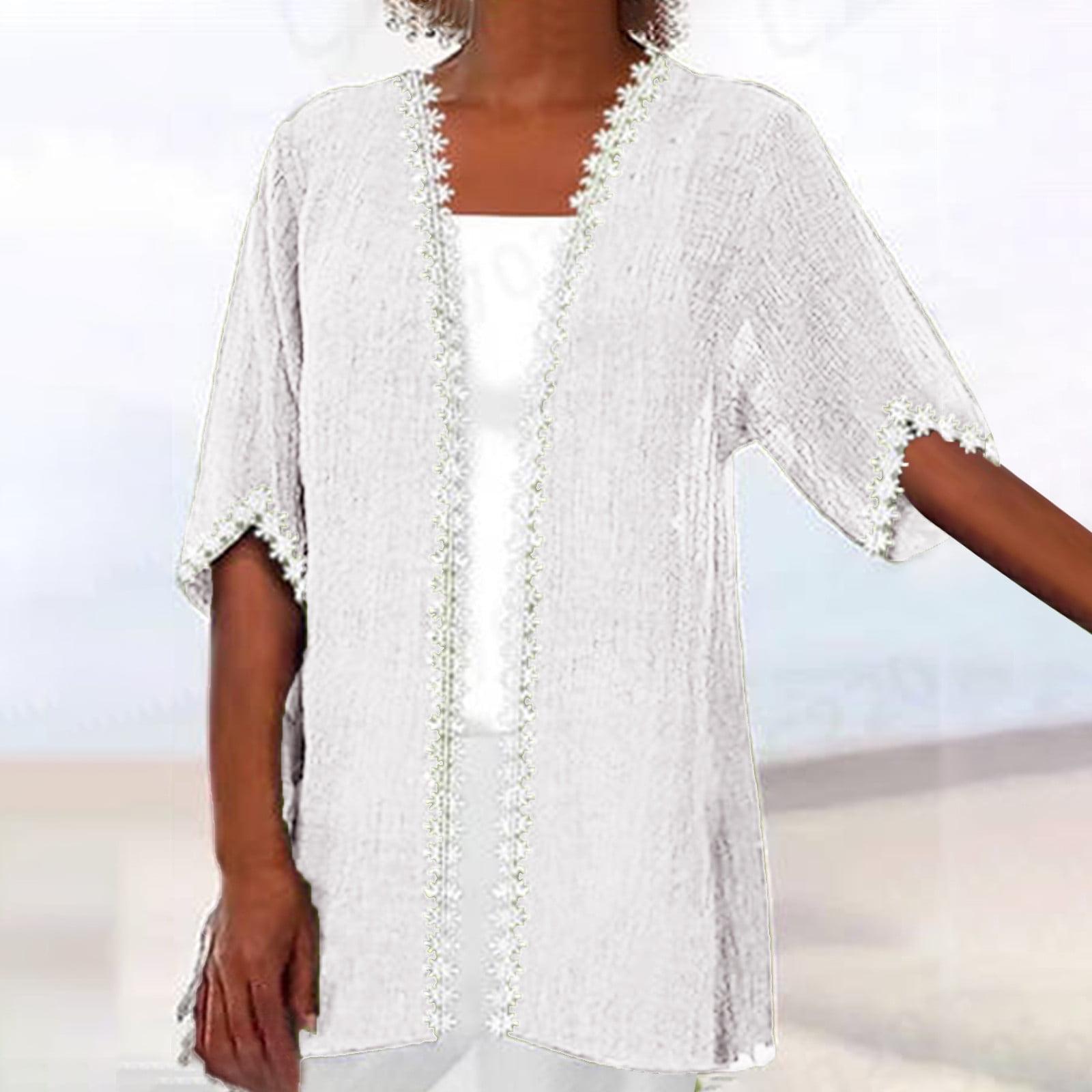 Miqool Women's Cotton Linen 3/4 Sleeve Lightweight Open Front Kimono ...