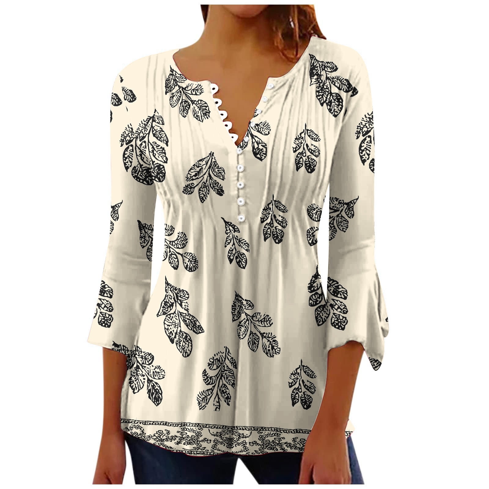 Deals Floral Printed Tunic Tops for Women 3/4 Flared Sleeve Tee Shirts ...