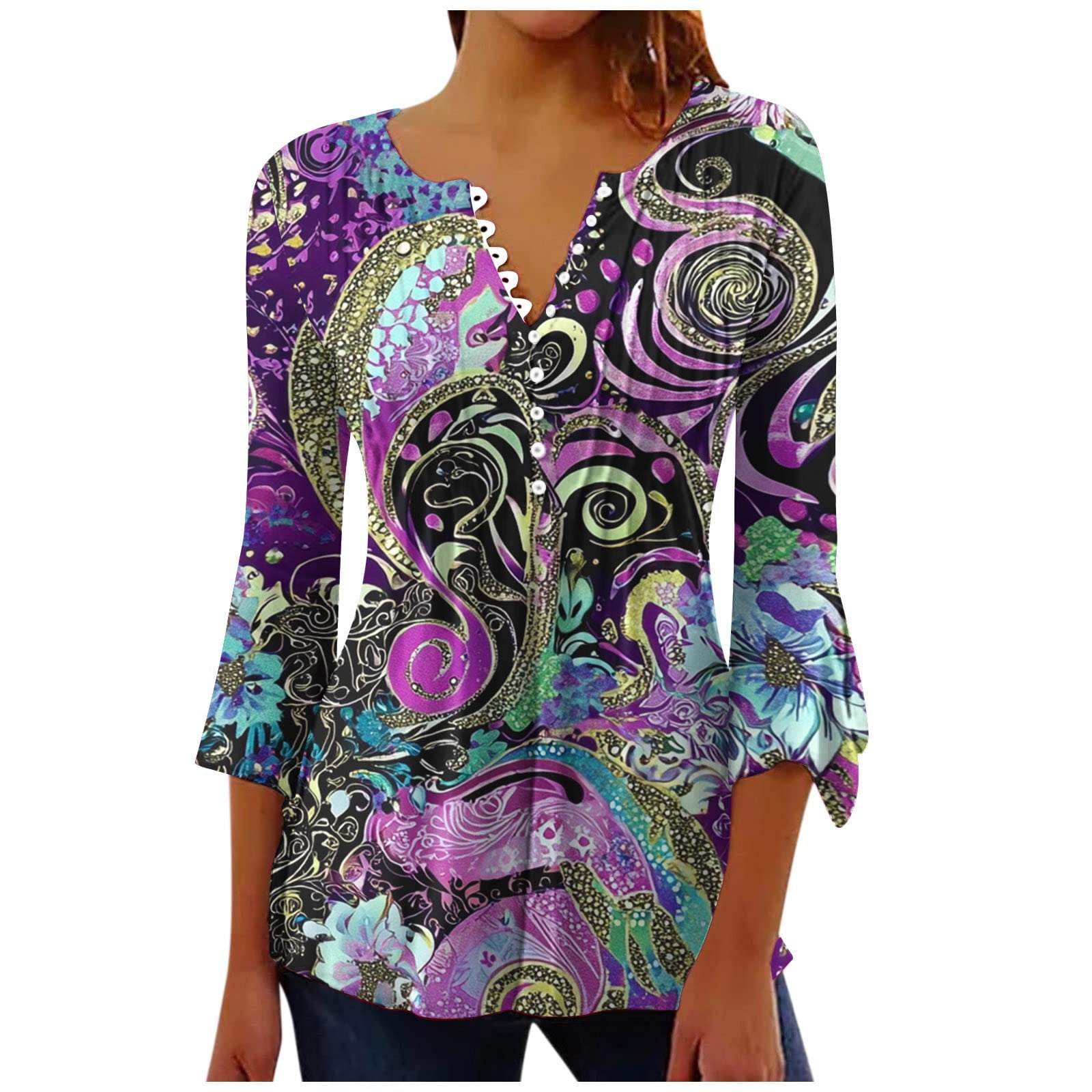 Deals Floral Printed Tunic Tops for Women 3/4 Flared Sleeve Tee Shirts ...