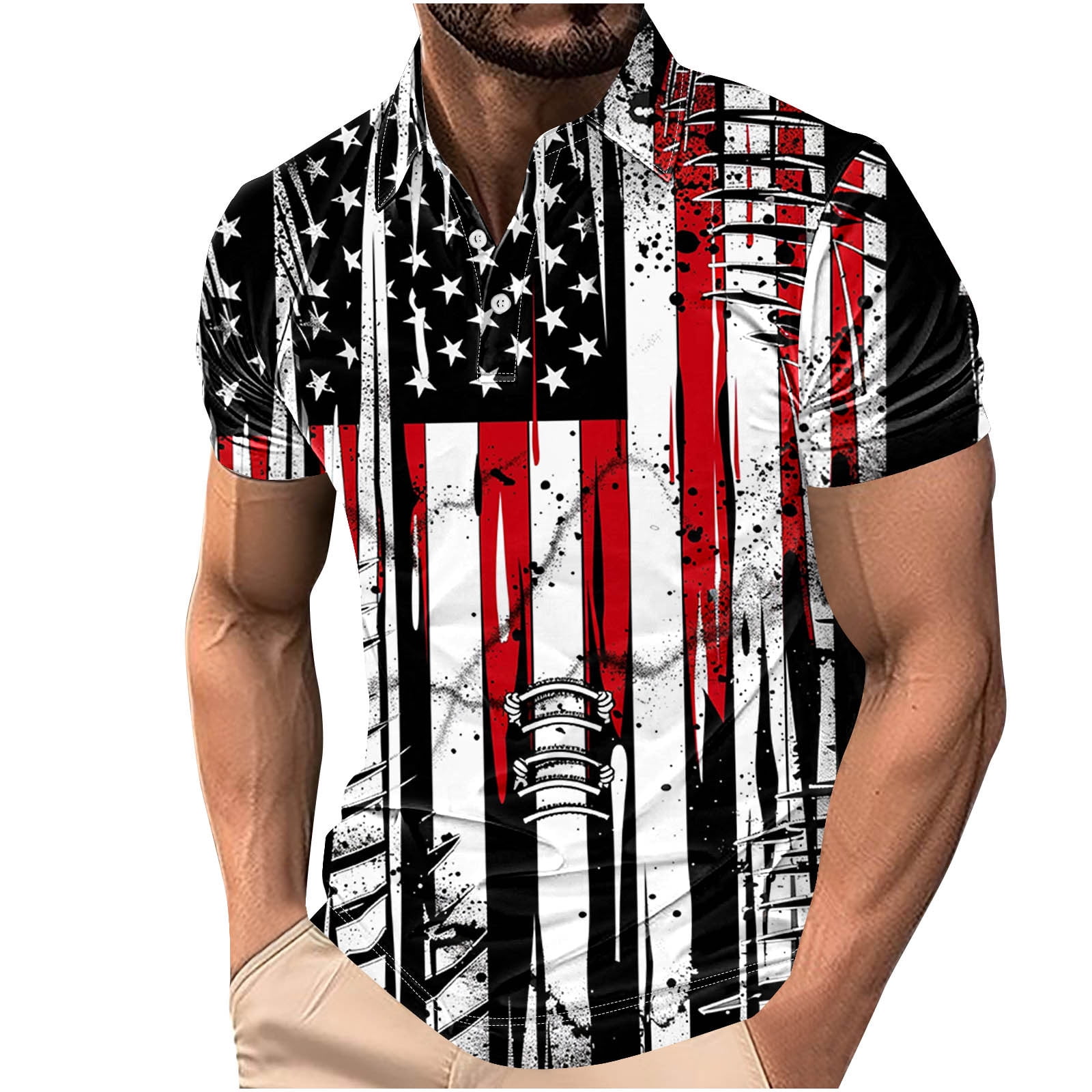 Deals Mens Independence Day Shirts Pullover Sweater Blouses Short Sleeve Collared Shirts Slim ...