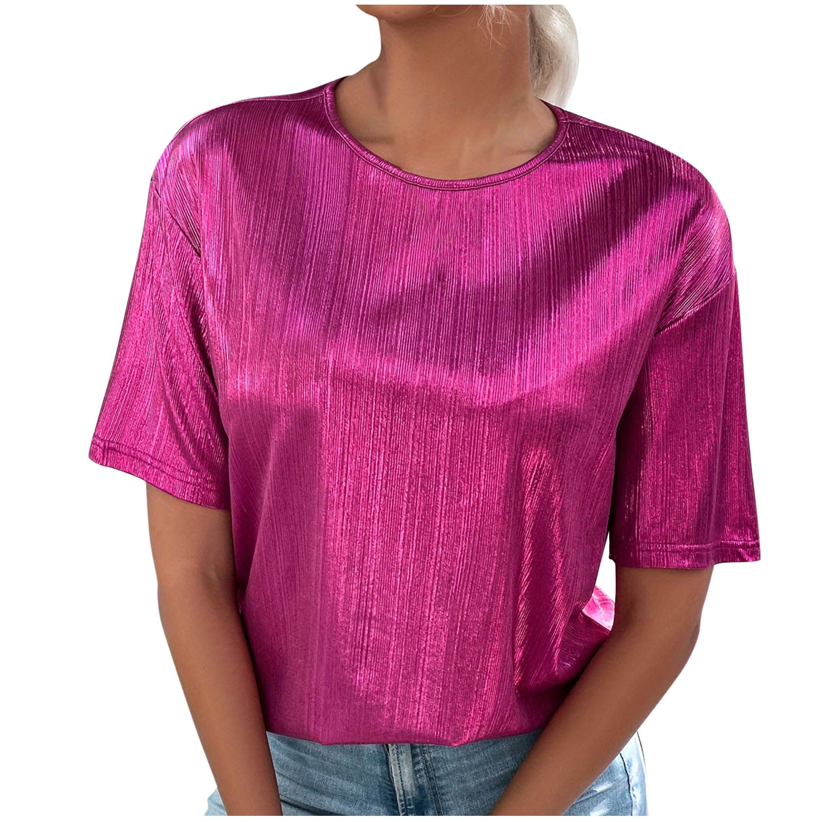 Stylish Olyvenn Women's Metallic Shiny Top Round Neck Short Sleeve ...