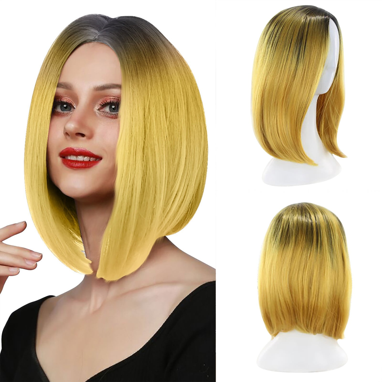 Deals! Party Wig Gradient Short Straight Hair Highlight Female Wig Cosplay Wig Realistic ...