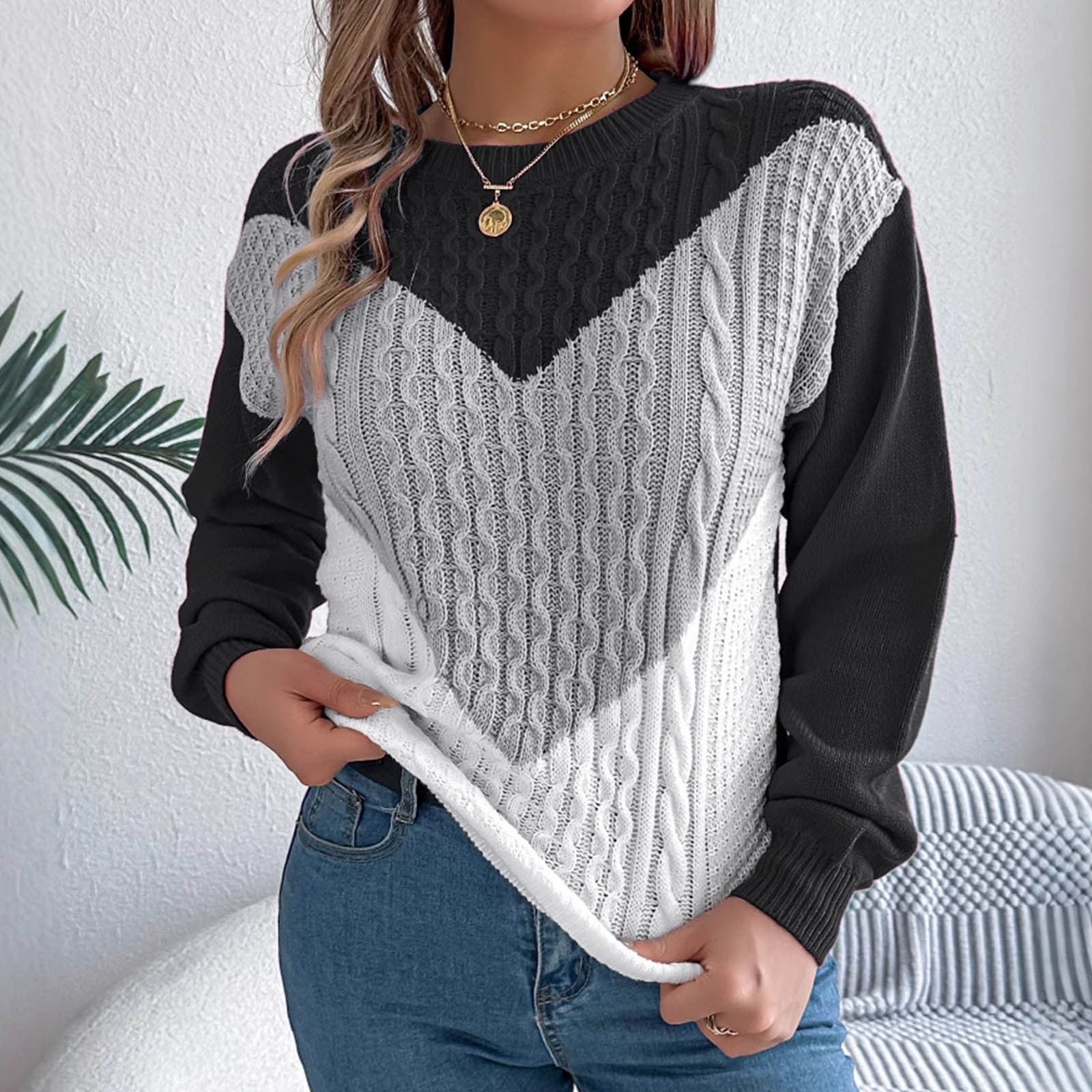 Deals of Today TMOYZQ Womens Sweaters Casual Long Sleeve Crewneck Knit ...