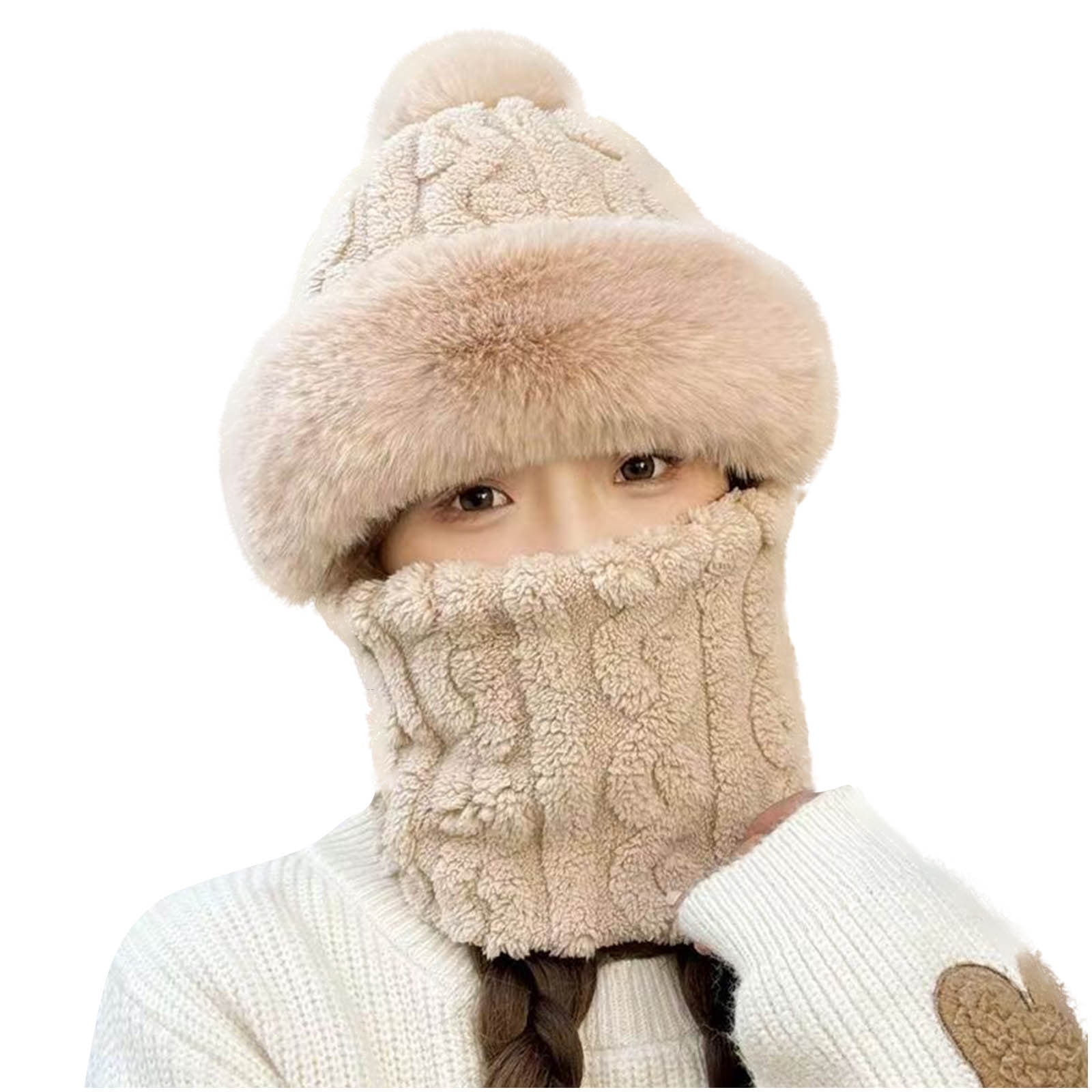 UTSJKR Women One Piece Slouchy Fleece Beanie Hats Scarf Mask Warm ...