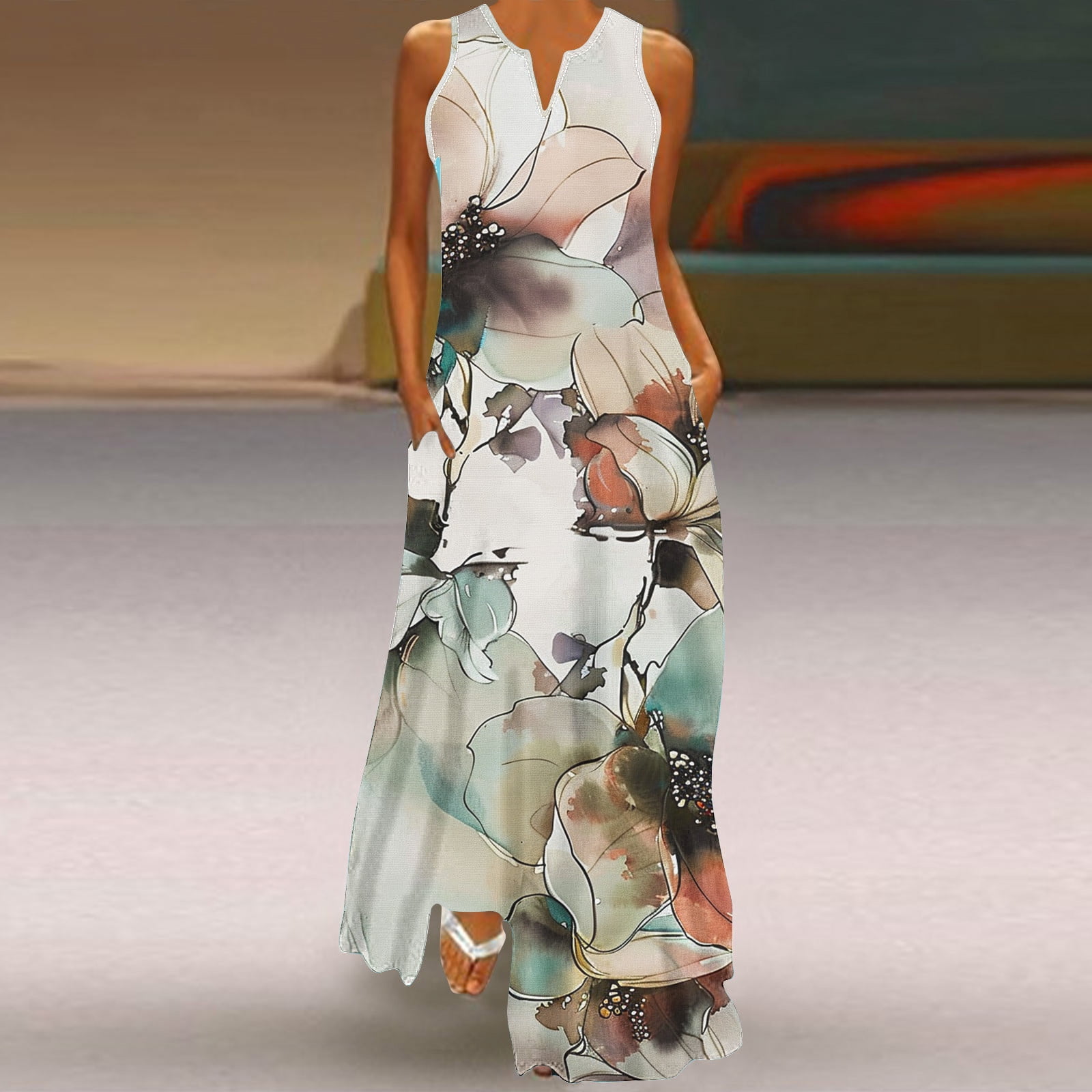 Cagogo Summer Vintage Floral Swing Flowy Maxi Long Tank Sundresses for ...