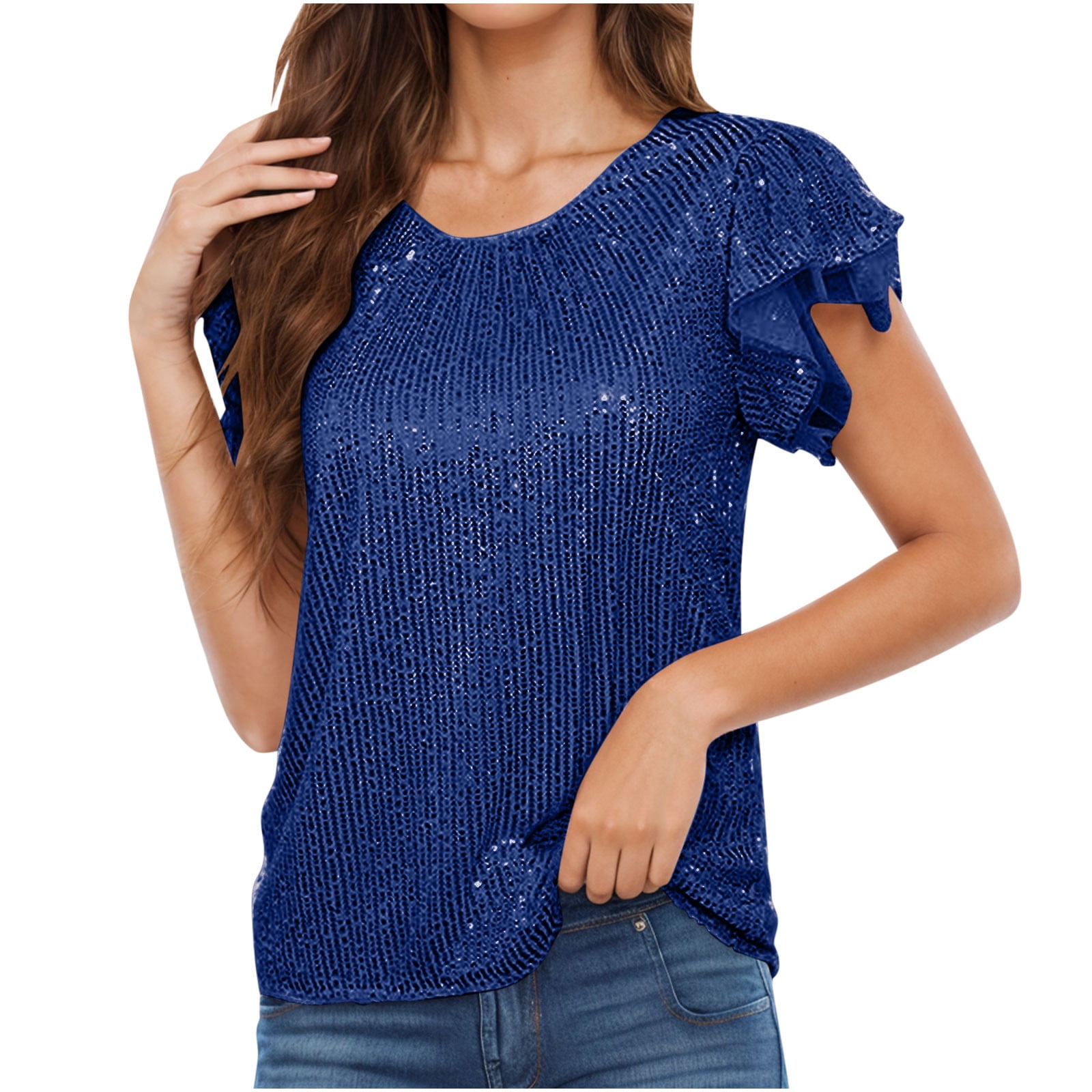 Deals of the Week TMOYZQ Sequin Tops for Women Slim Fit Ruffle Sleeve ...