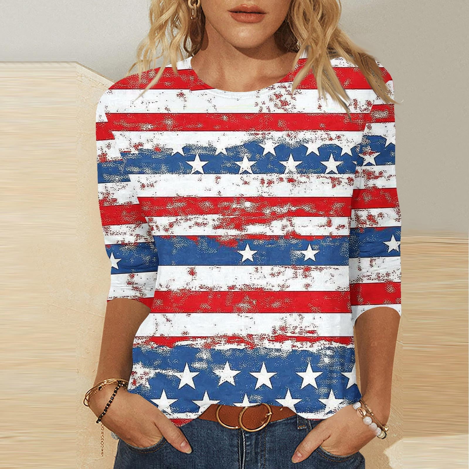 of the Week Yrmaups Ladies Summer Spring Tops Fourth July 3/4 Sleeve Red White and Blue USA Flag ...