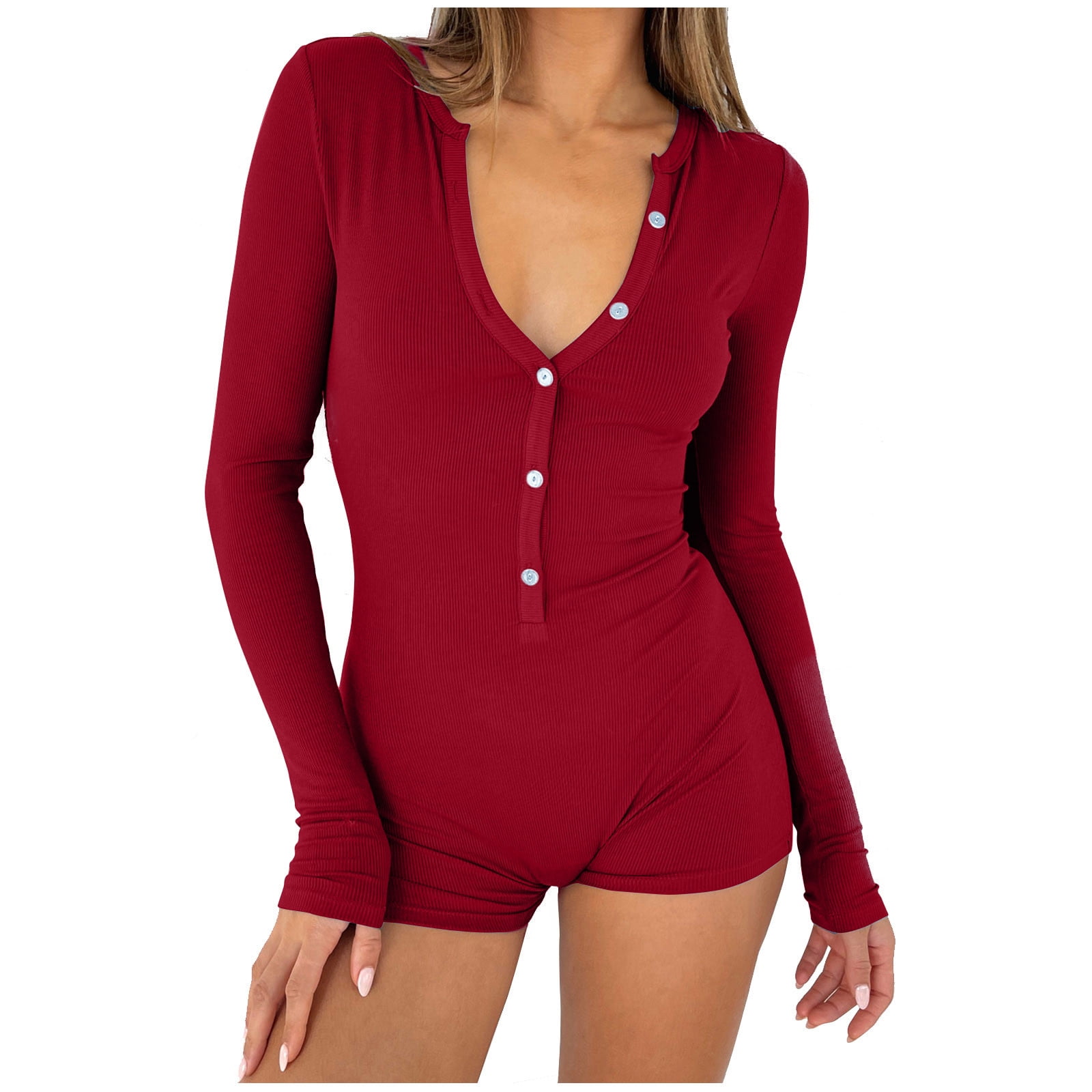 Deals Women's 2025 V Neck Long Sleeve Shorts Romper Y2k One Piece Yoga ...
