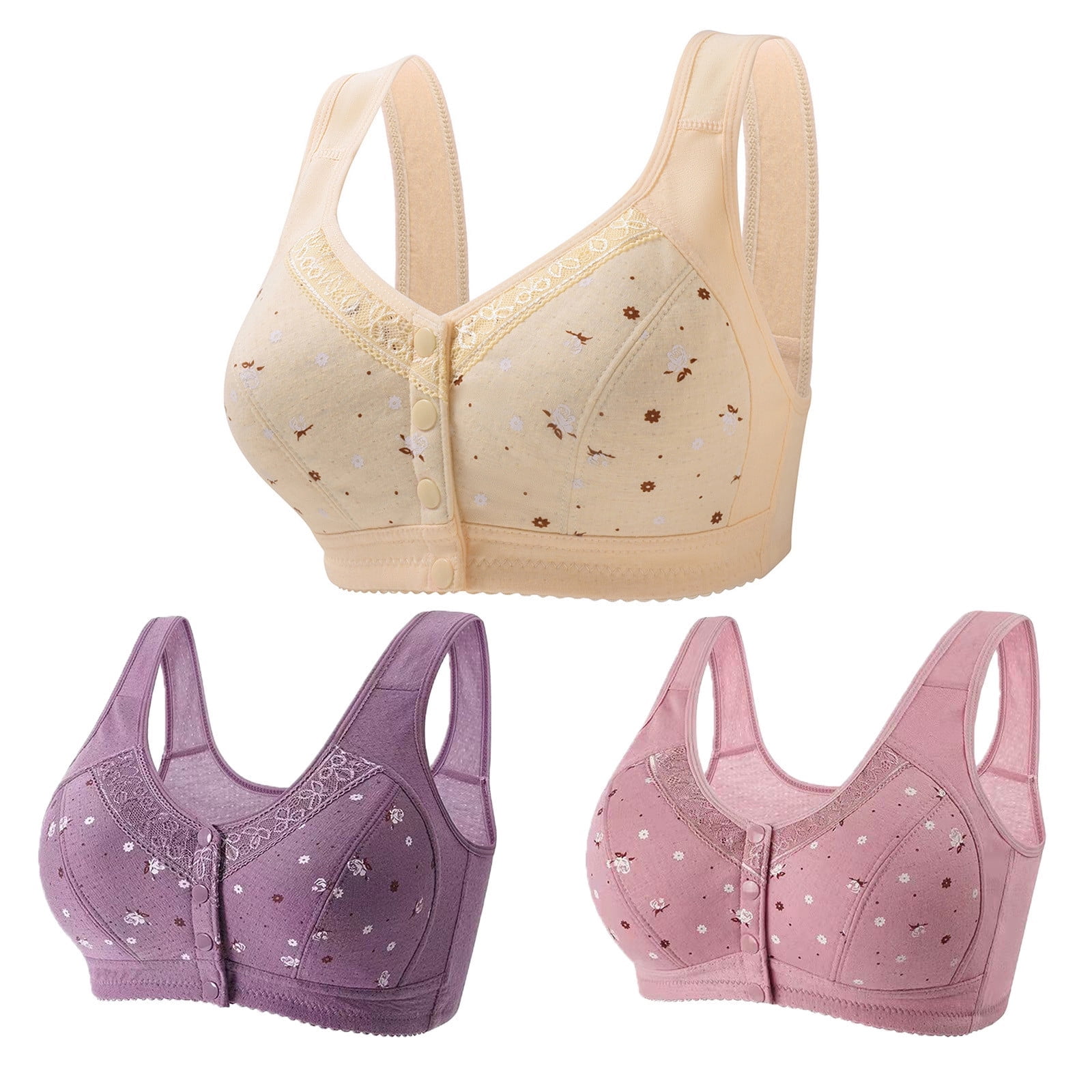 Alkepwun 3 Pack Womens Front Closure Bra Fashion No Underwire Floral ...