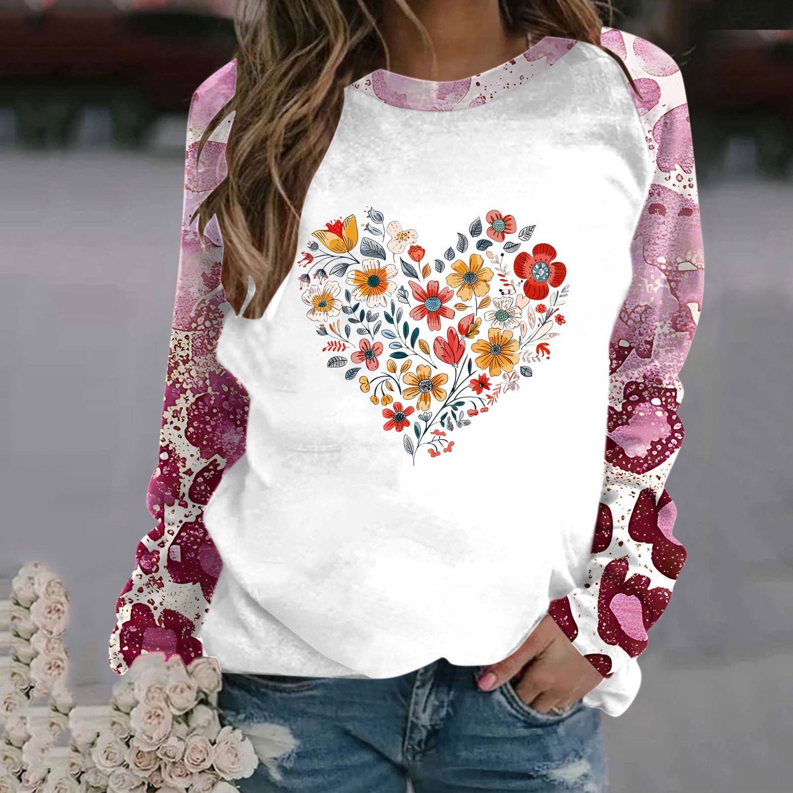 Deals of the Week TMOYZQ Women's Love Heart Sweatshirt Casual Crew Neck Long Sleeve Valentine's ...