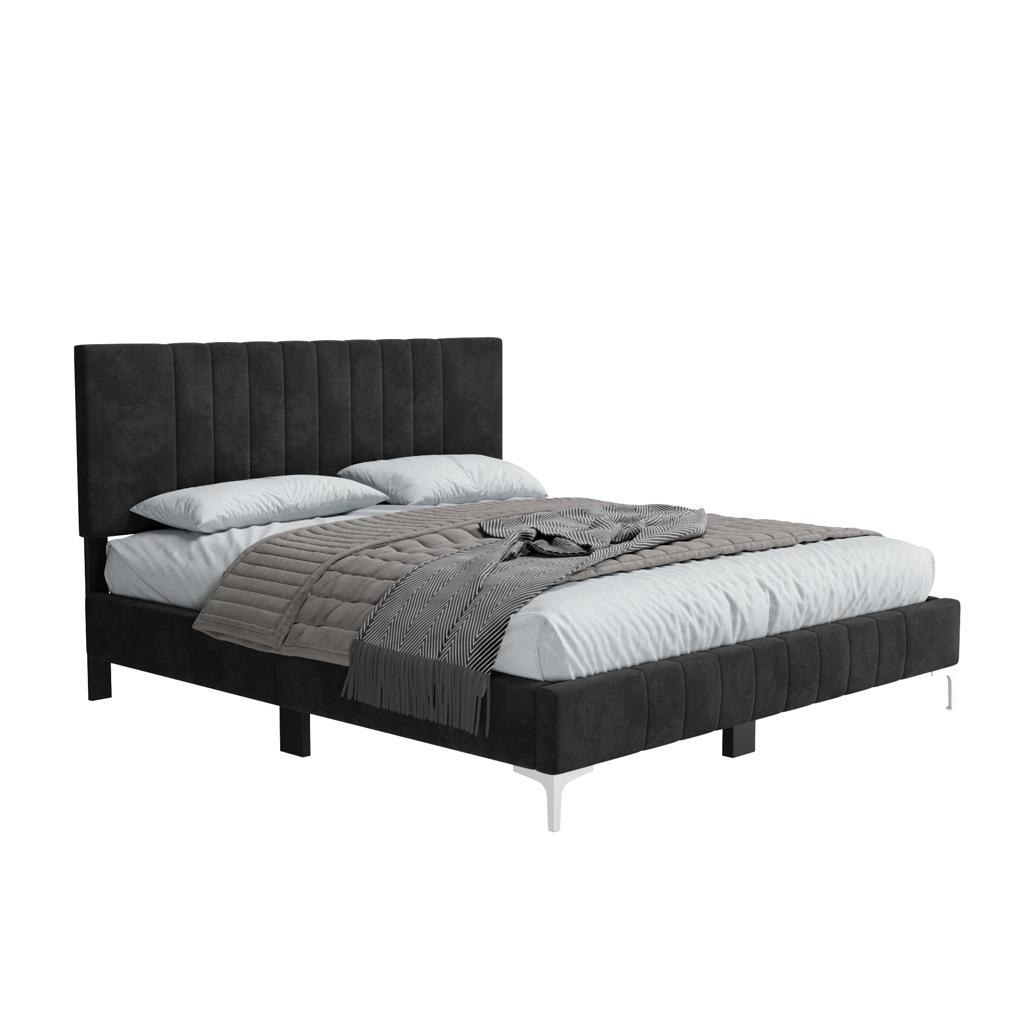 Dean Upholstered Velvet Full Size Bed in Black with Silver Metal Legs ...