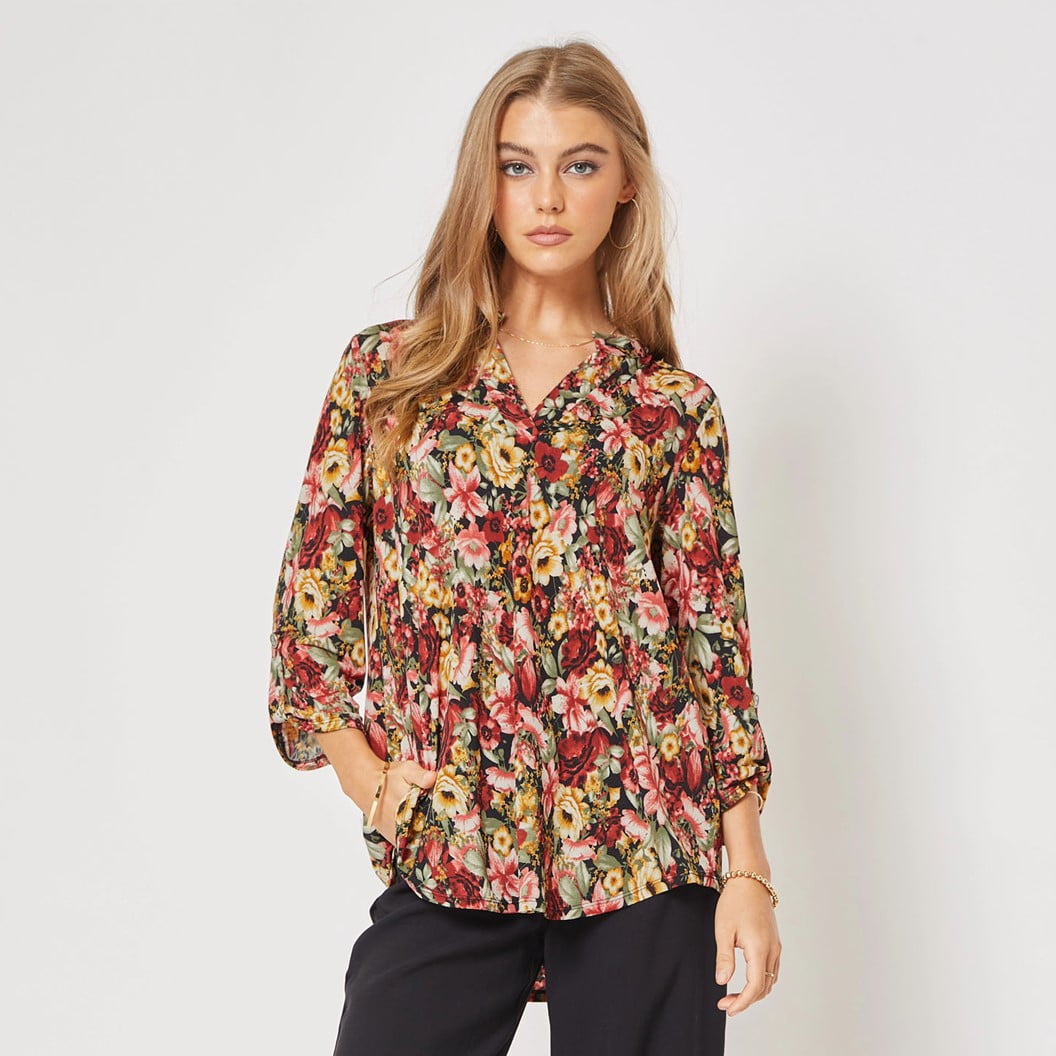 Dear Scarlett Women's Lizzy Floral Long Sleeve V-Neck Blouse Top in Red ...