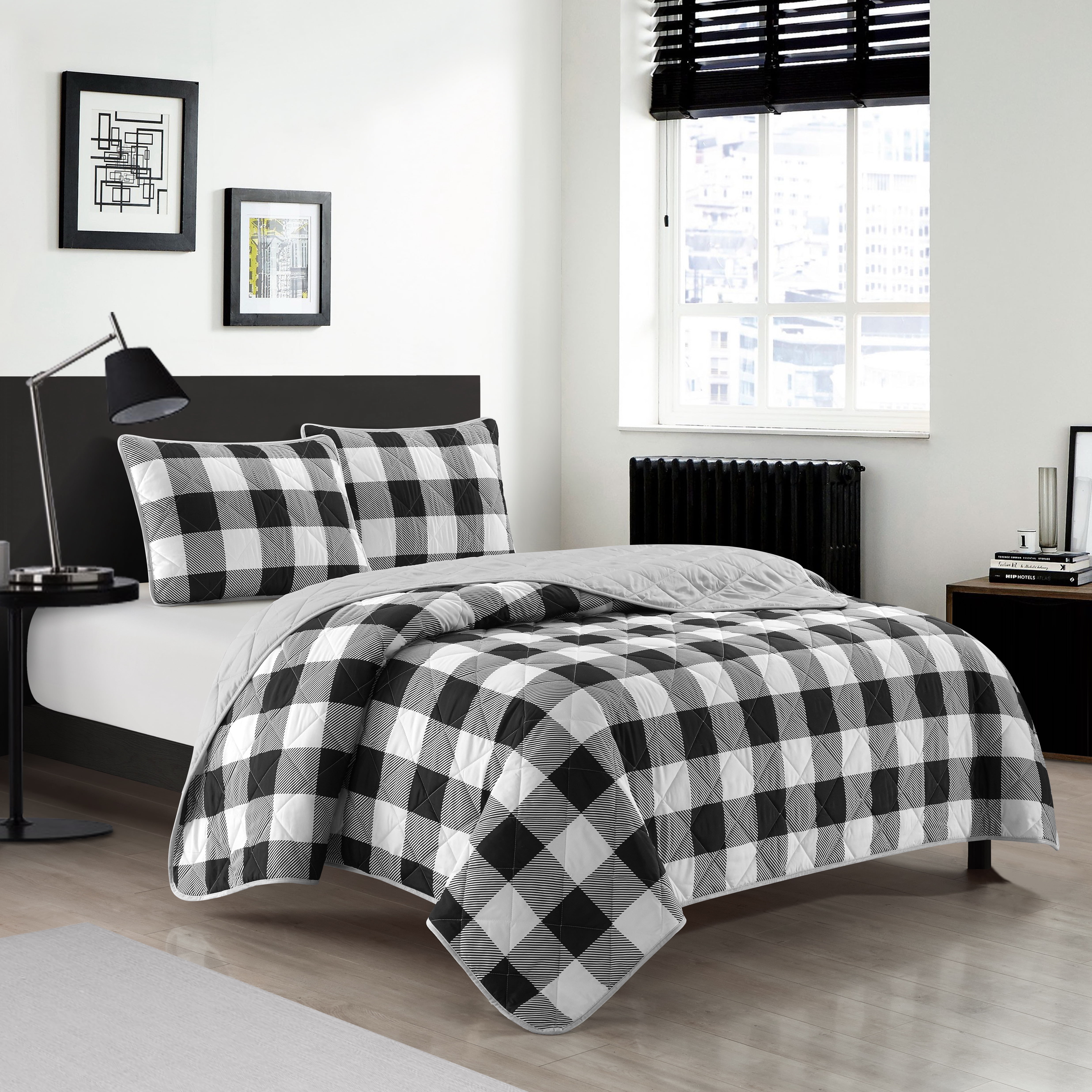 Dearfoams 3-Piece Black and White Check Quilt Set for Teens Adults ...