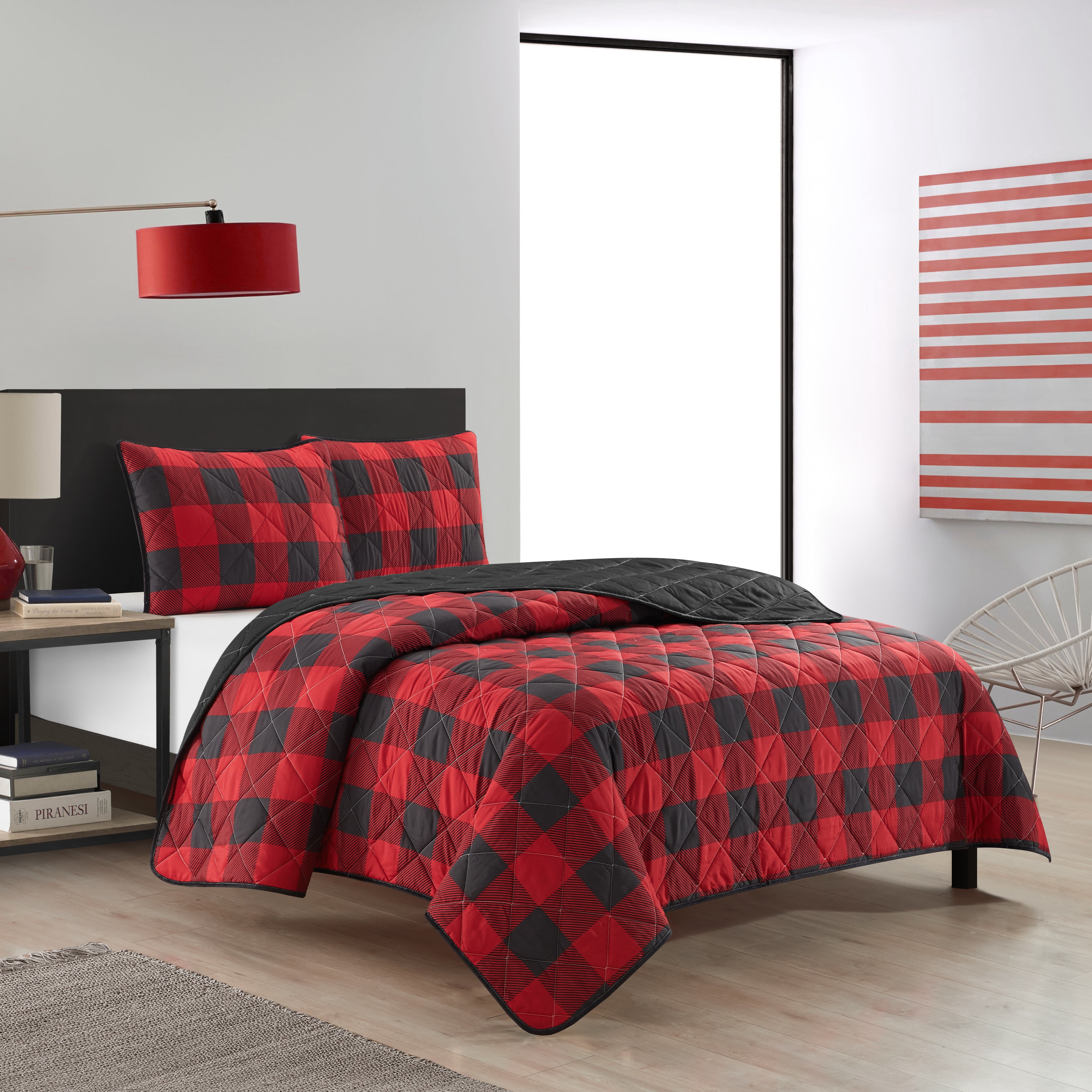Dearfoams Super Soft Red and Black Diamond Stitching Checkered Quilt ...