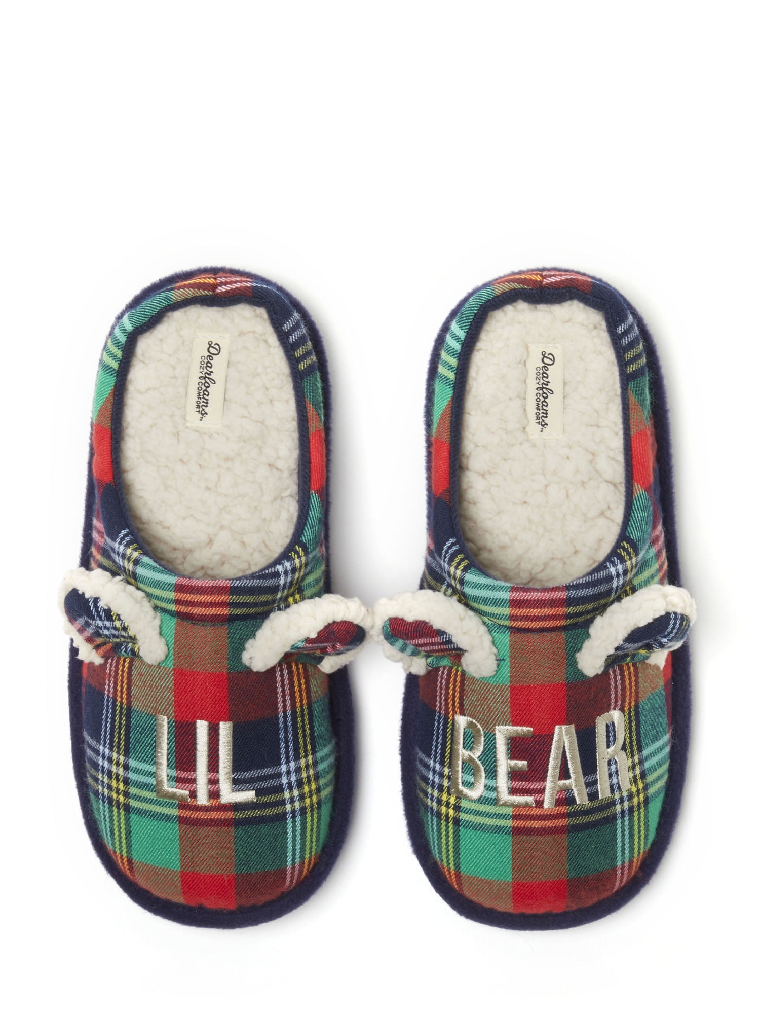 Dearfoams Kids Lil Bear Plaid Clog Slippers, Washable Memory Foam, Faux ...