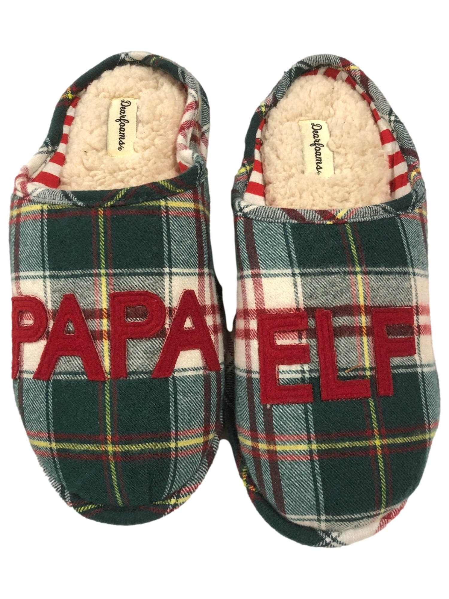 Dearfoams Mens Green Plaid Papa Elf Holiday Slippers Scuffs House Shoes ...