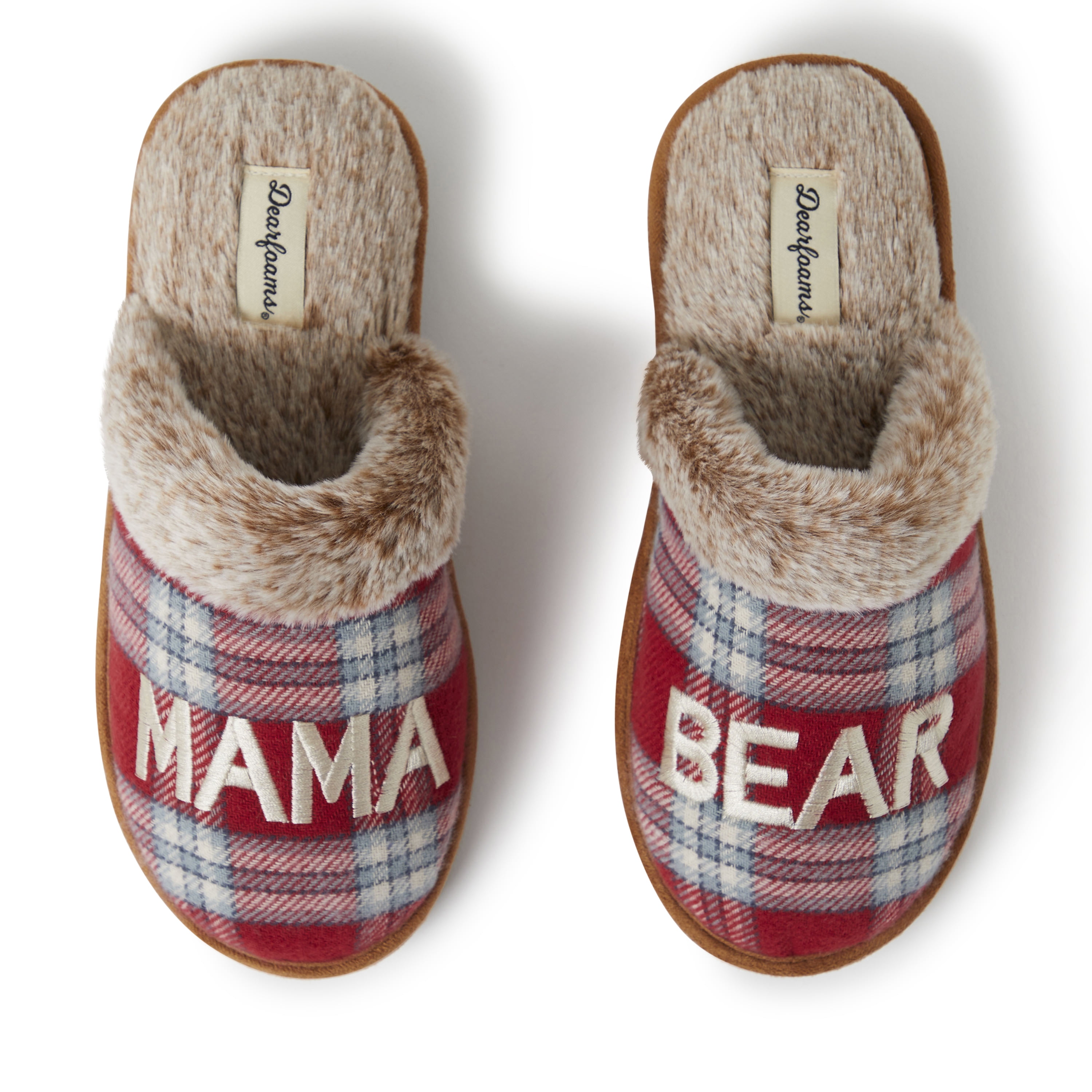 Women's Plush Mama Bear Red Plaid Scuff Slippers - Cute Family Adult ...