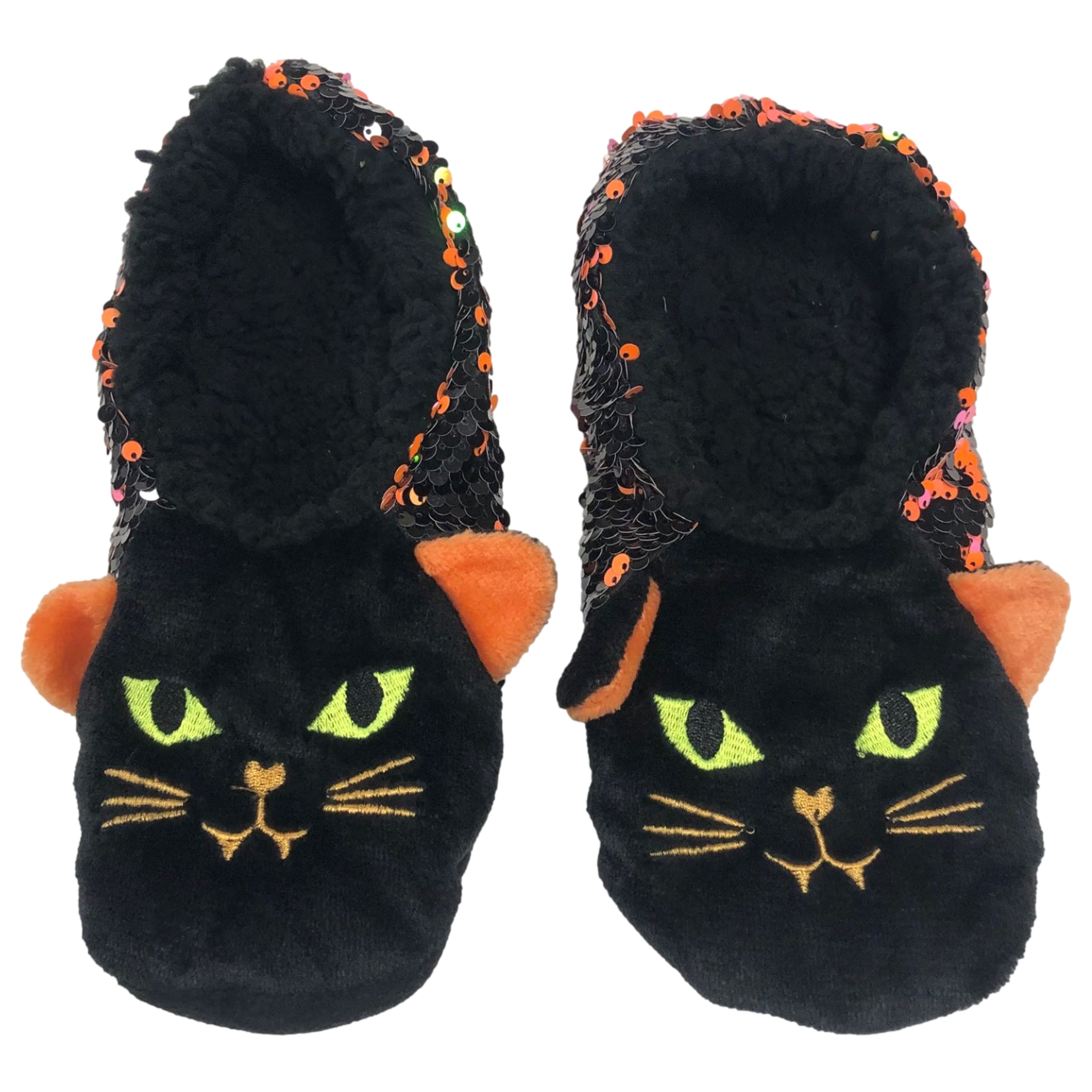 Womens Plush Black Flip Sequin Halloween Kitty Cat Slippers M/L (8-10 ...