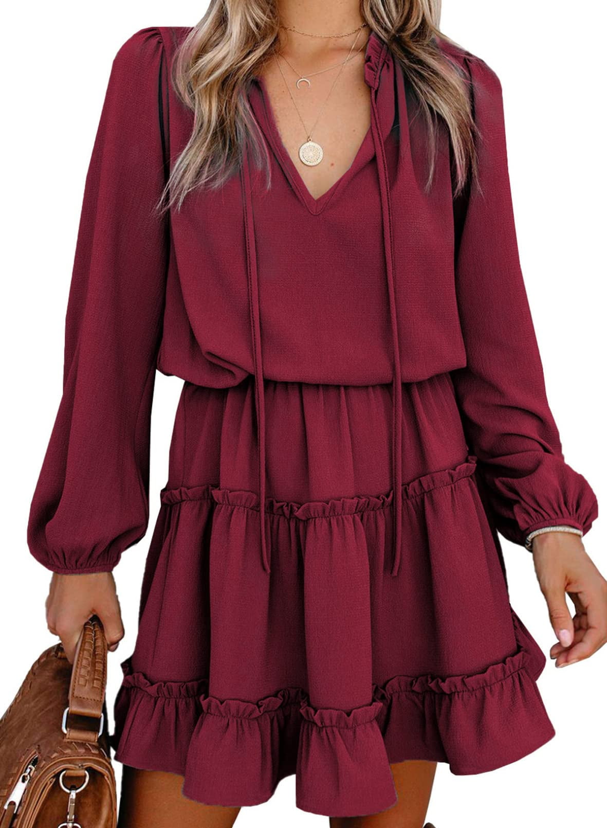 Dearlove Womens V Neck Ruffled Layered Chiffon Dress Self Tie Swing ...