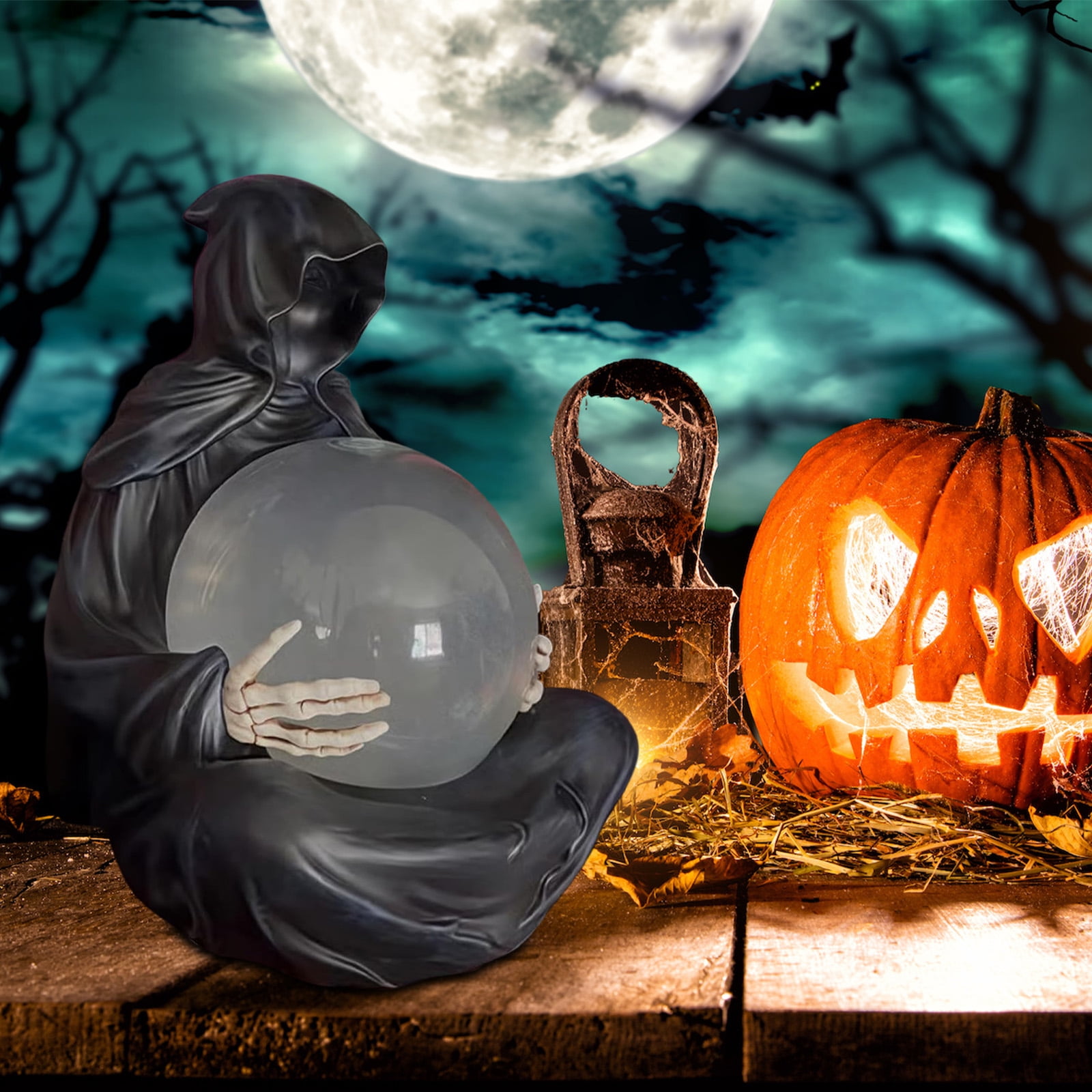 The Death God's Crystal Ball, 7in Gothic Grim Reaper Statue with Black Robe and Orb, Dark ...