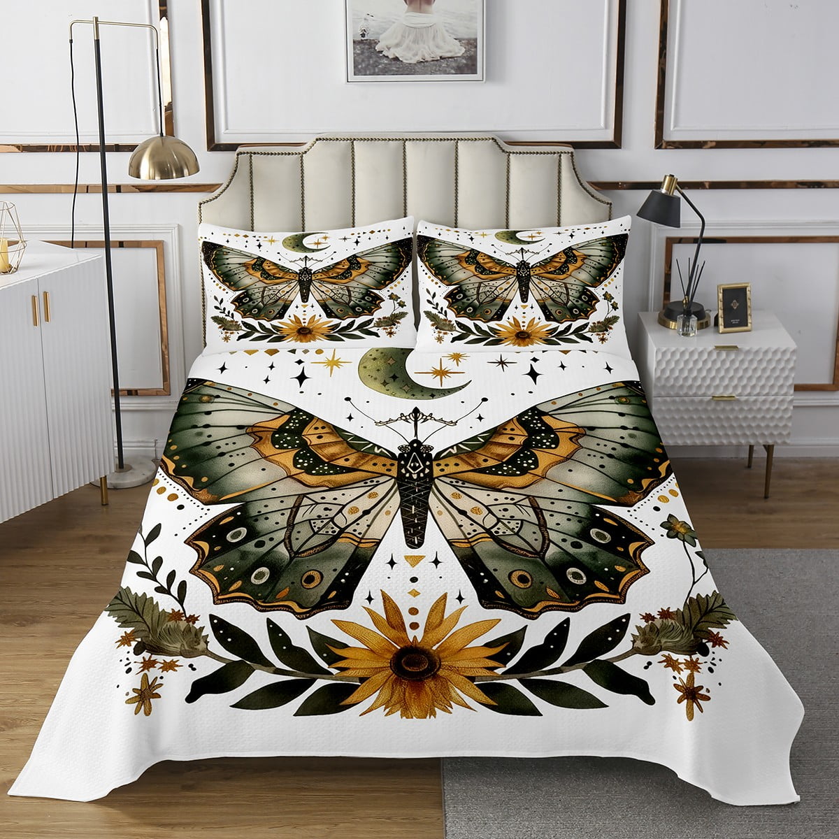 Death Moth Bedspread Queen Size Western Farmhouse Moth Print Quilt Set ...