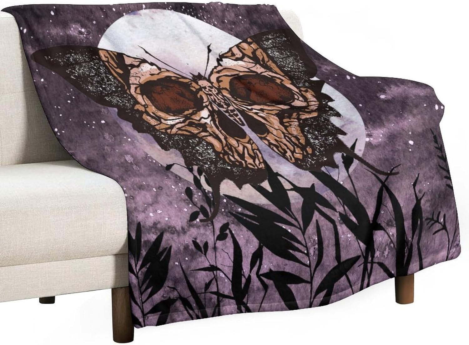 Death Moth Blanket, Boho Gothic Skull Moth Purple Starry Plant Full ...