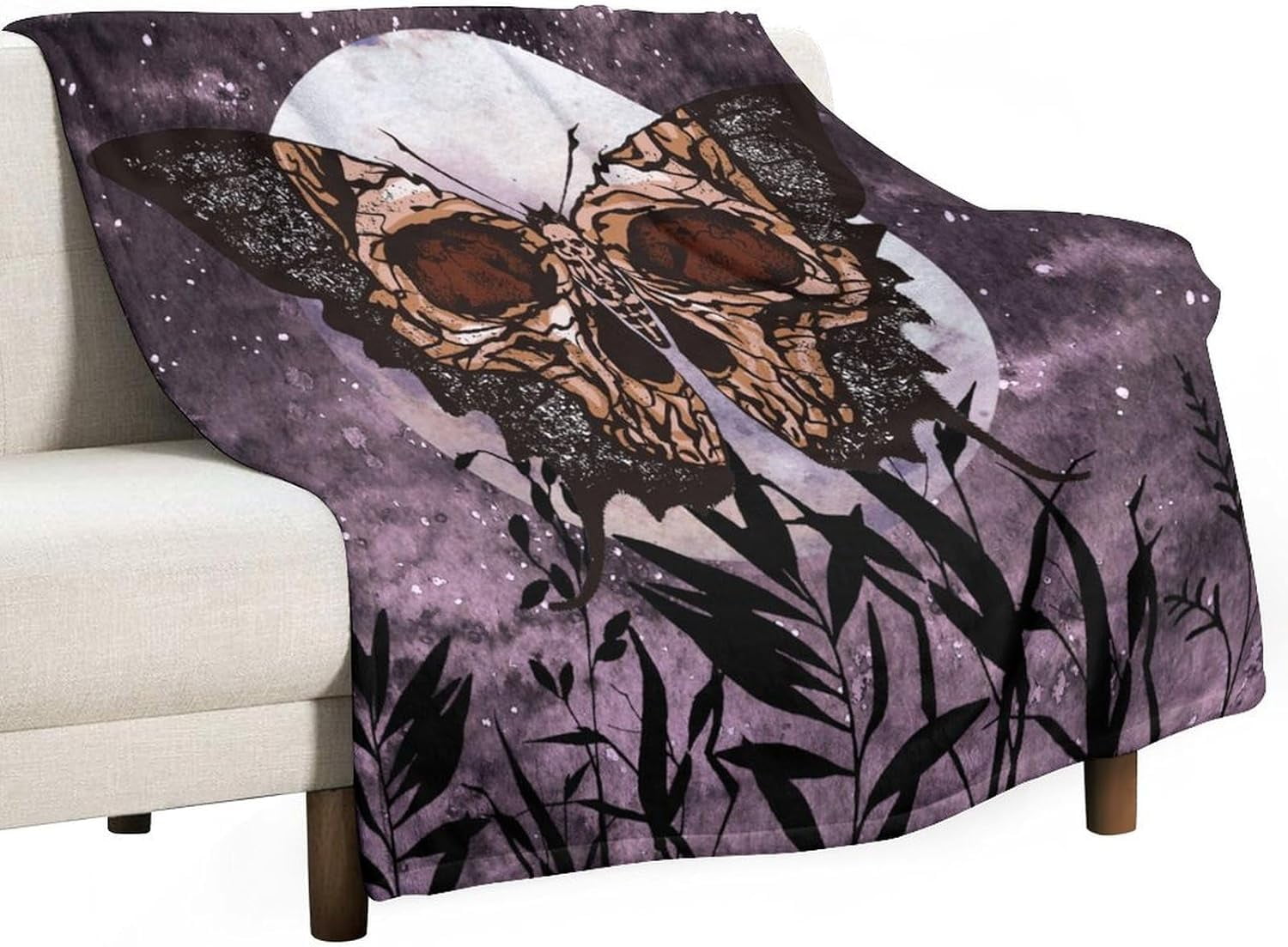 Death Moth Blanket, Boho Gothic Skull Moth Purple Starry Plant Full ...