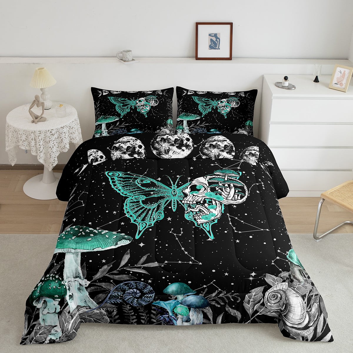 Death Moth Skeleton Bedding Queen Moon Celestial Gothic Skull Comforter ...