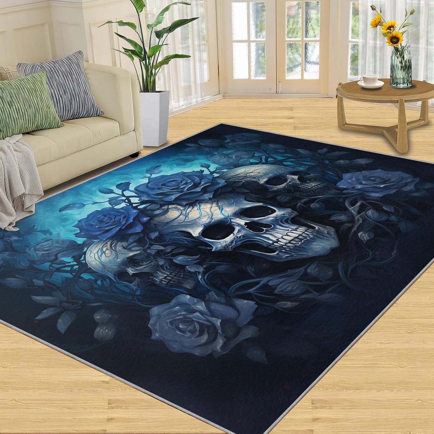 Death Skull Area Rug Gothic Horror Themed Living Room Rug Blue Rose ...