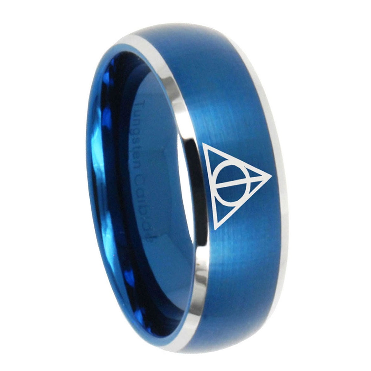 Deathly Hallows 8MM Dome Brushed Finish Blue Tungsten Men Ring ...