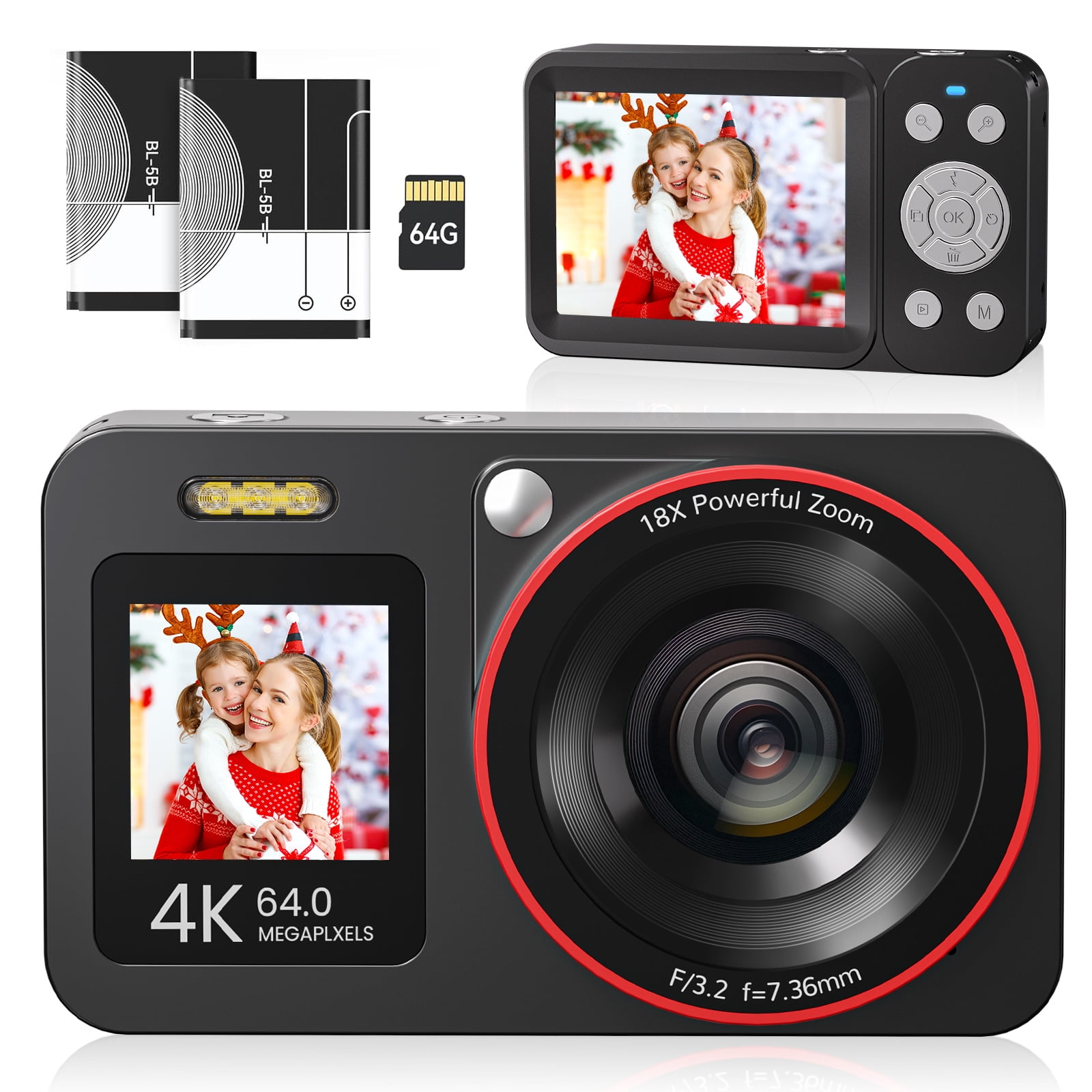 Deatti Digital Camera,FHD 4K Camera with Dual Screen 64GB SD Card 2 ...