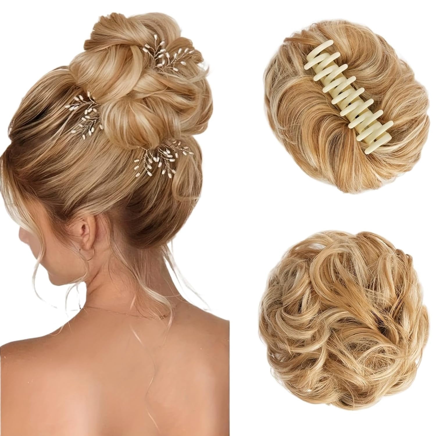 Deaumellos Bun Extension Clips, Wavy Claw Clip Messy Bun Hair Piece for ...