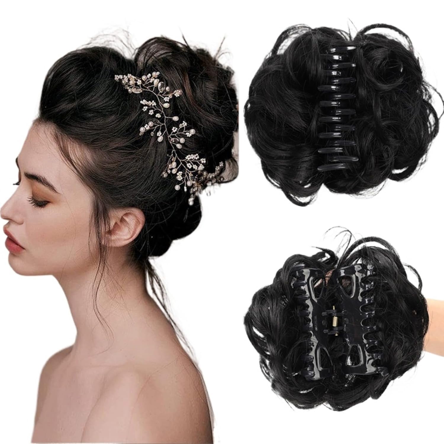 Deaumellos Bun Extension Clips, Wavy Claw Clip Messy Bun Hair Piece for ...