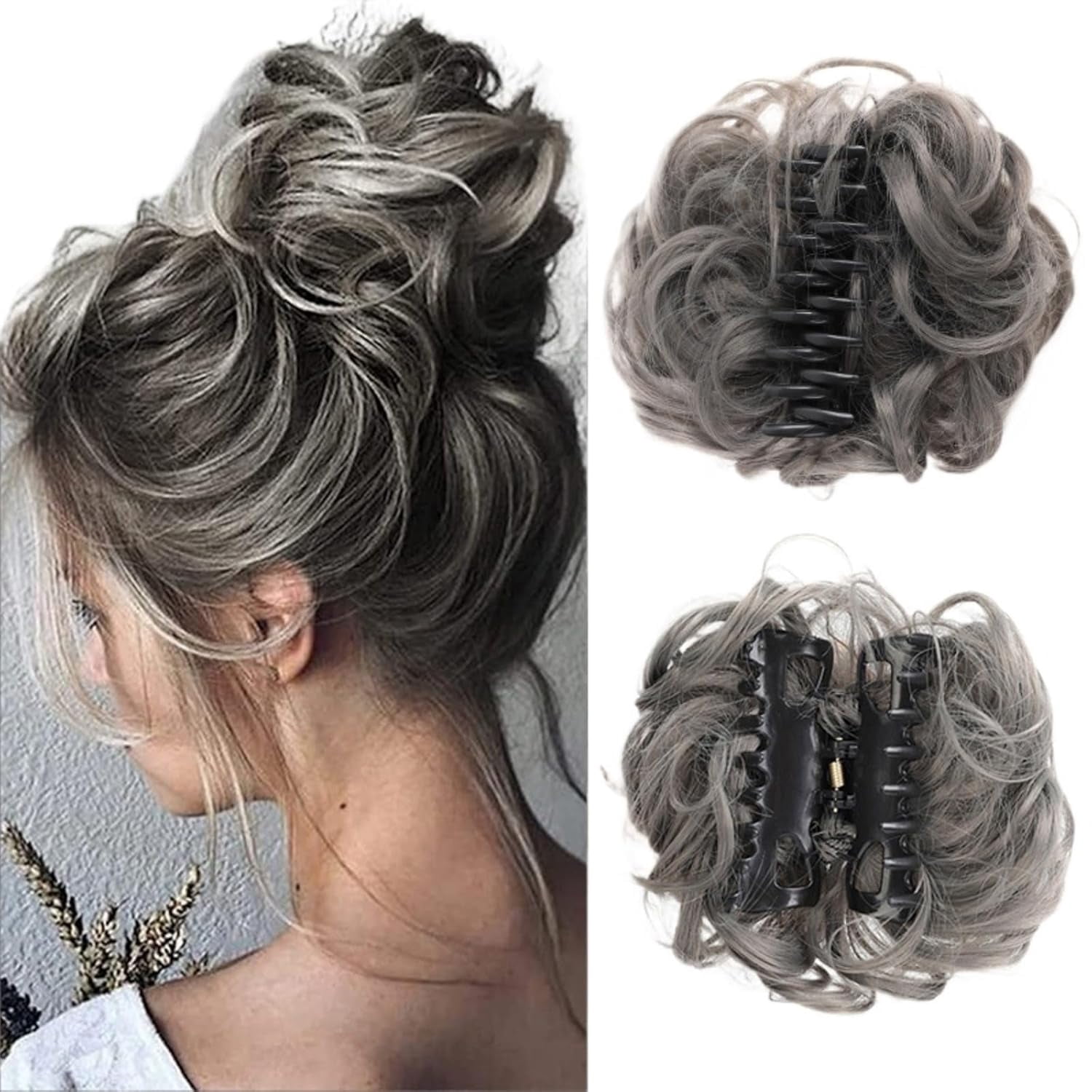 Deaumellos Bun Extension Clips, Wavy Claw Clip Messy Bun Hair Piece for ...