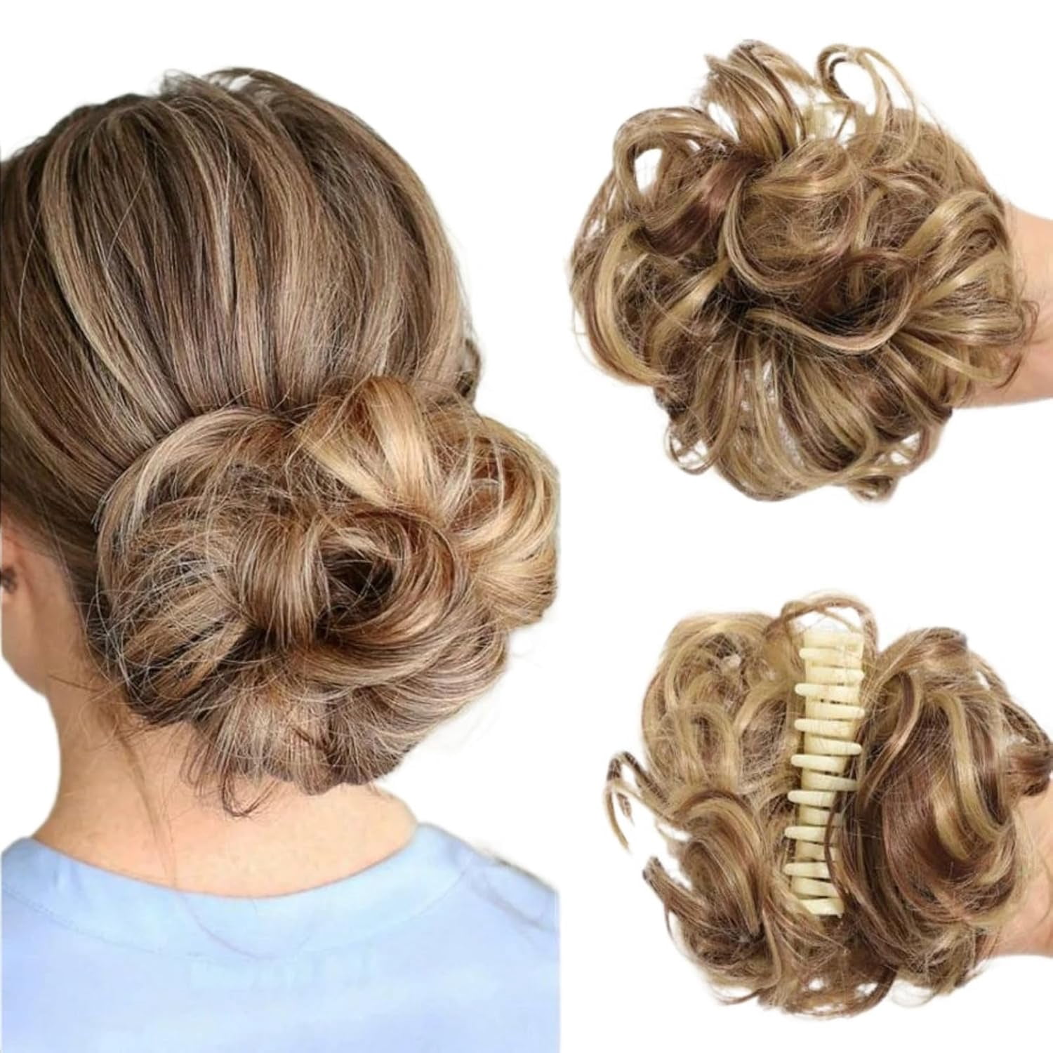 Deaumellos Bun Extension Clips, Wavy Claw Clip Messy Bun Hair Piece for ...