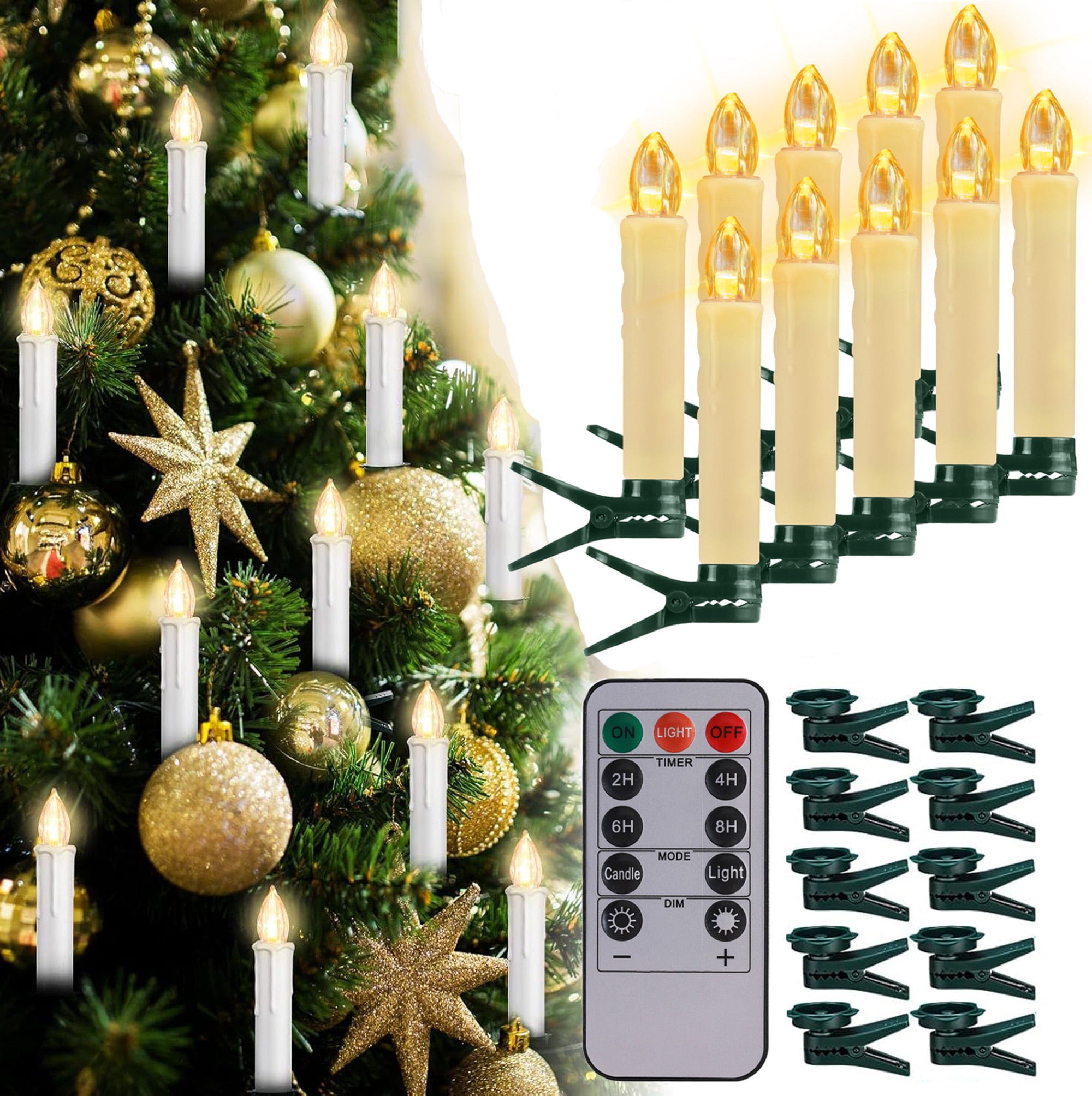 Debonair Flameless Clip-on Christmas Tree Candles, Dimmable, Flickering ...