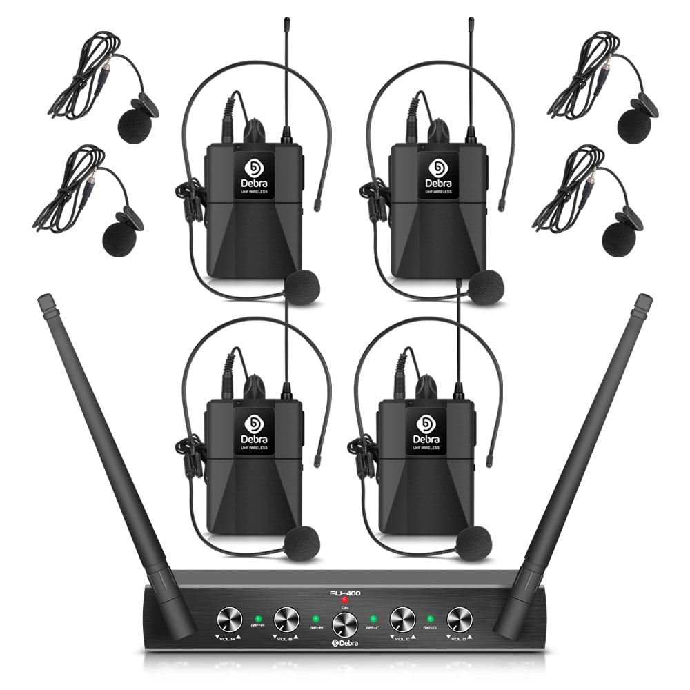 Debra Audio Pro UHF 4 Channel Wireless Mic System with Lavalier Headset ...