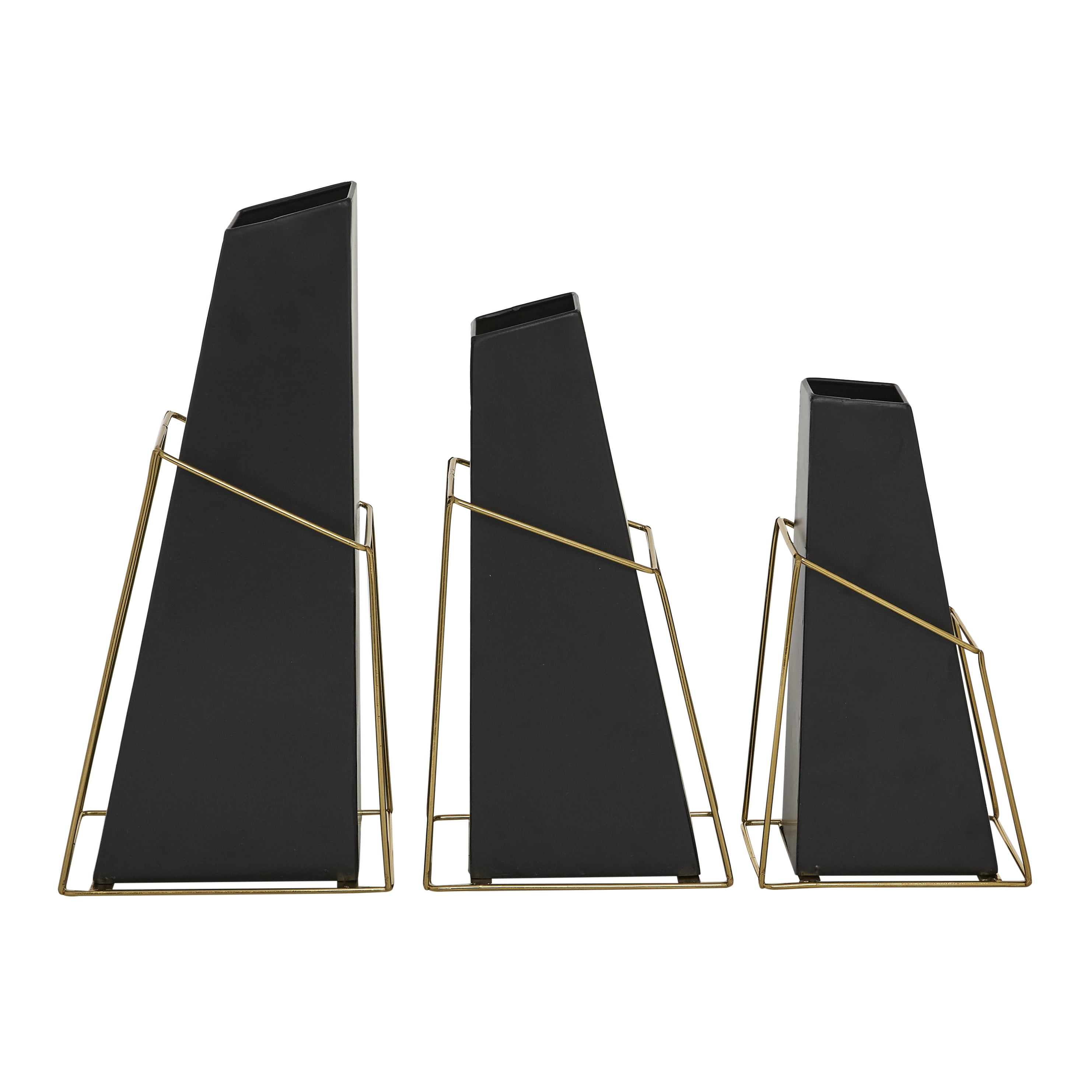 DecMode 10", 12", 14"H Black Metal Vase with Gold Wire Accents, Set of ...