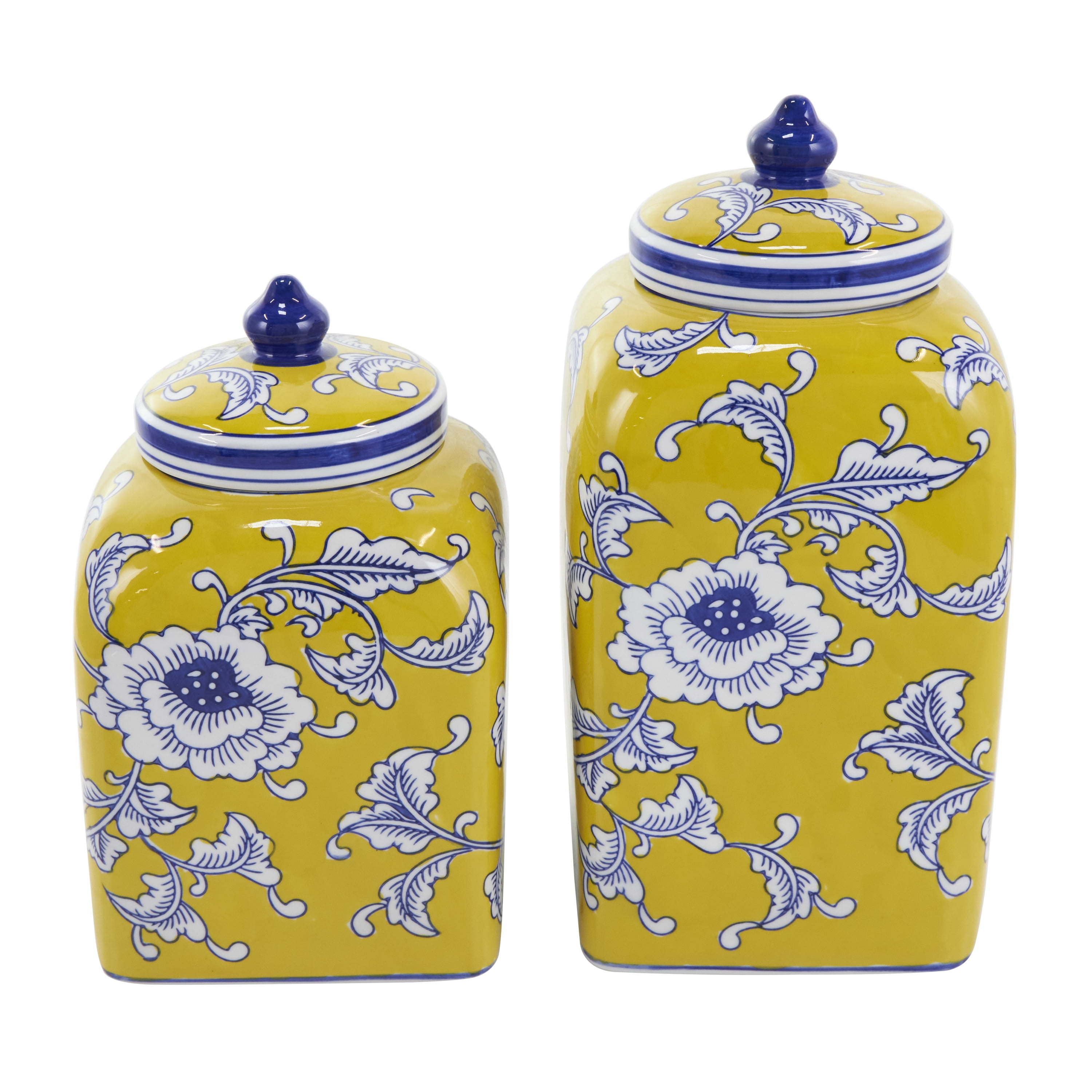 DecMode 10", 12"H Yellow Ceramic Floral Decorative Jars with Blue and ...