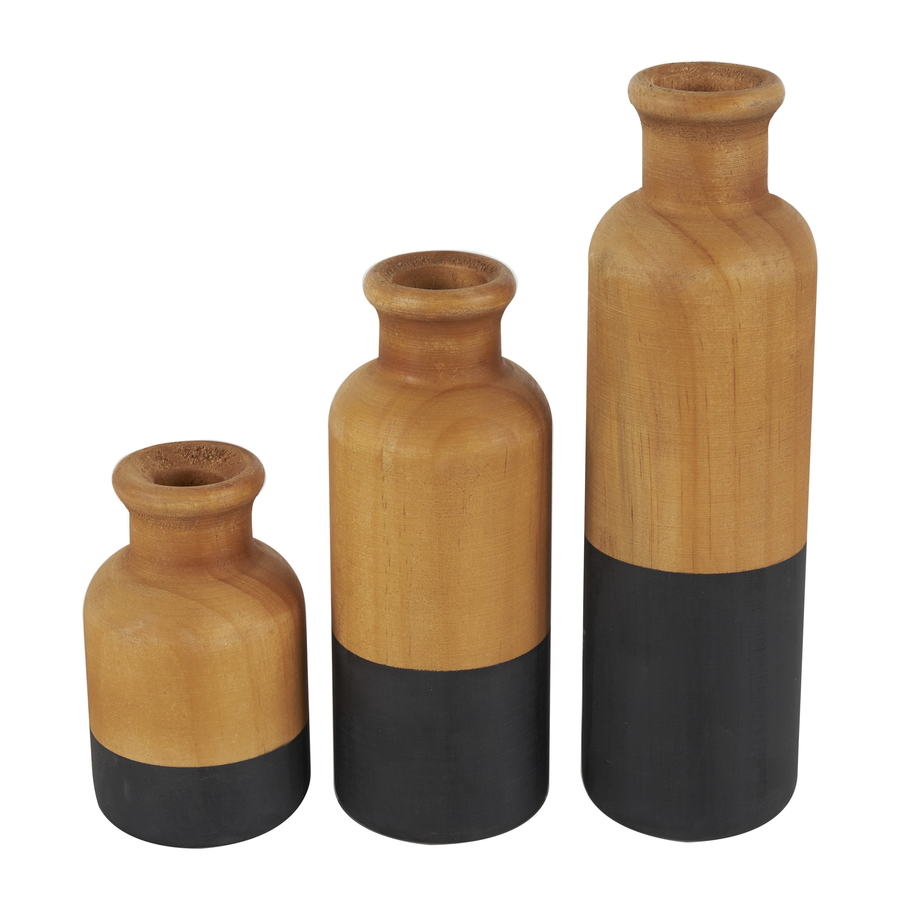 DecMode Brown Wood Vases with Black Bases Set of 3 Modern Farmhouse ...
