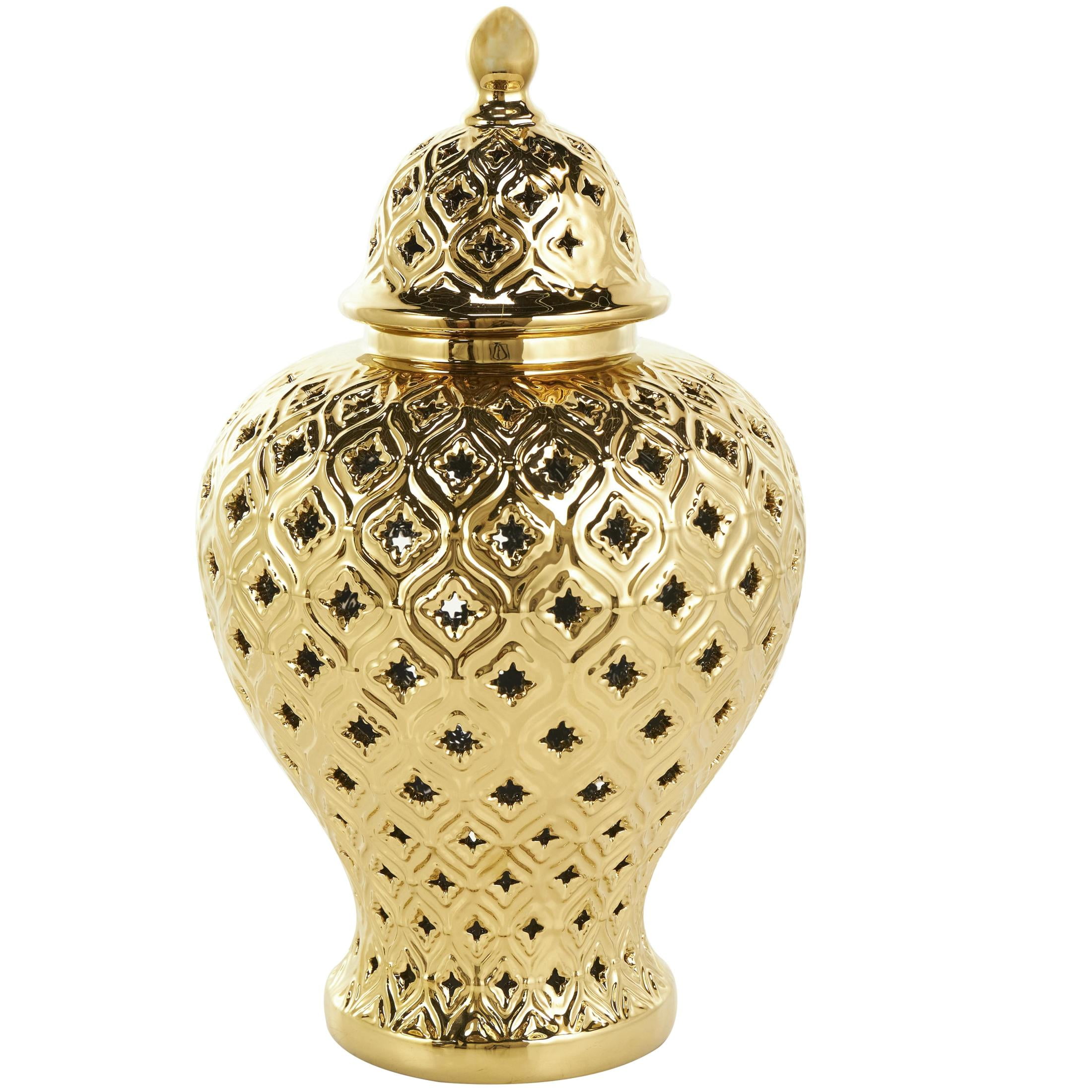 DecMode 10" x 18" Gold Ceramic Decorative Jars with Geometric Cutout ...