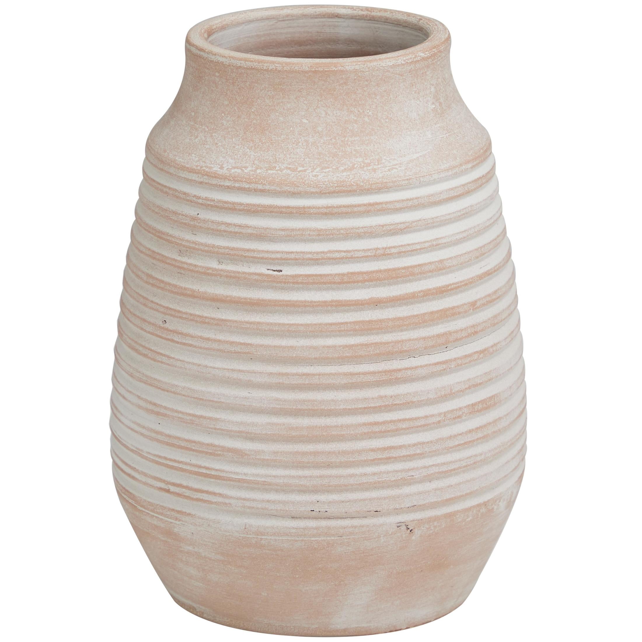DecMode 11in Pink Ceramic Vase Whitewashed Ribbed Terracotta for Table ...