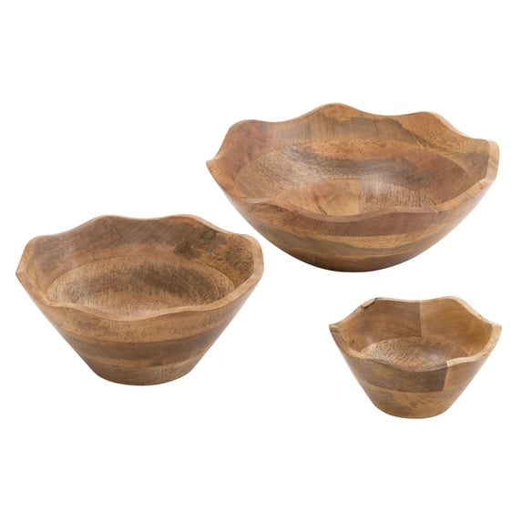 DecMode 12", 9", 6"W Handmade Round Floral Brown Mango Wood Decorative ...