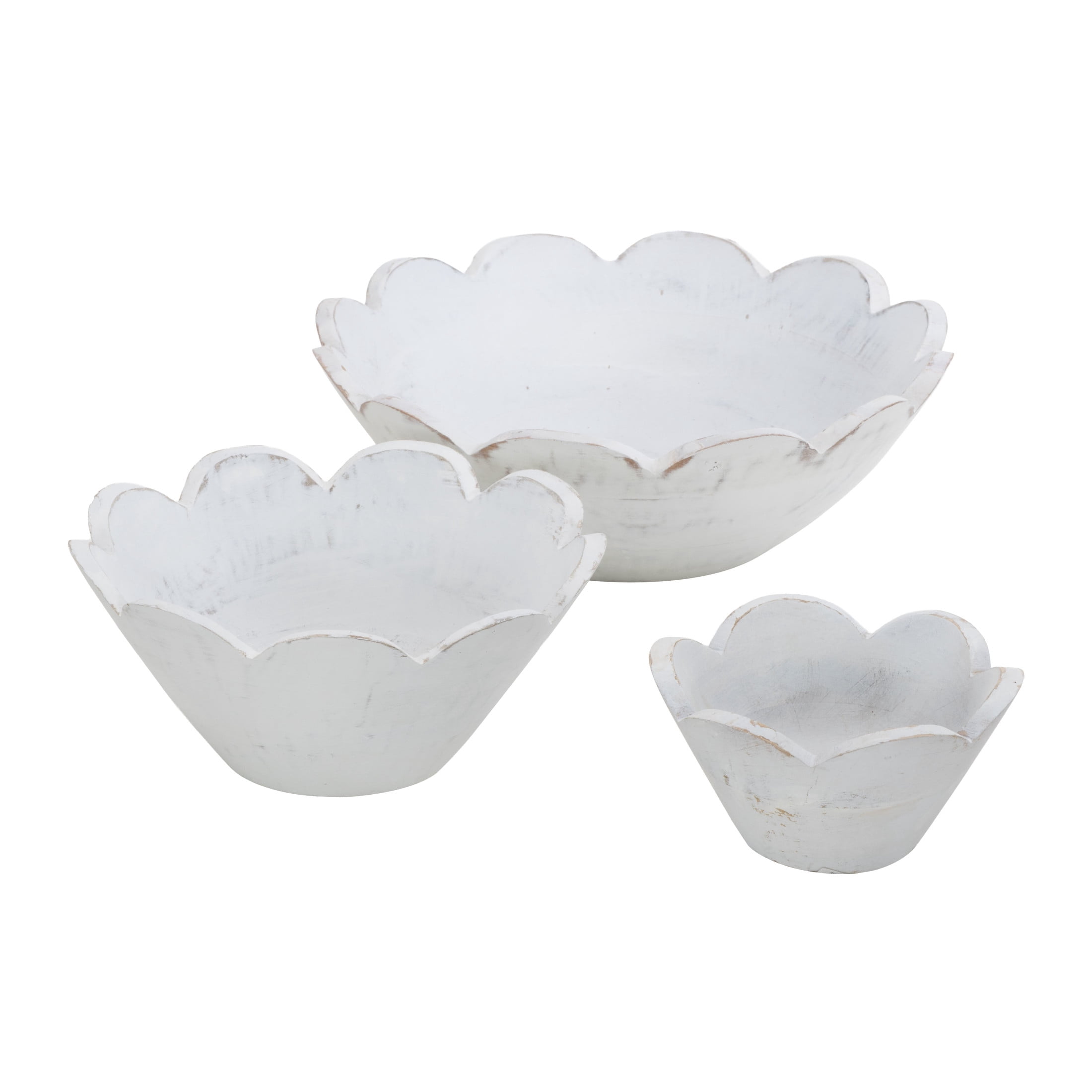 DecMode 12", 9", 6"W Handmade Round Floral White Mango Wood Decorative ...