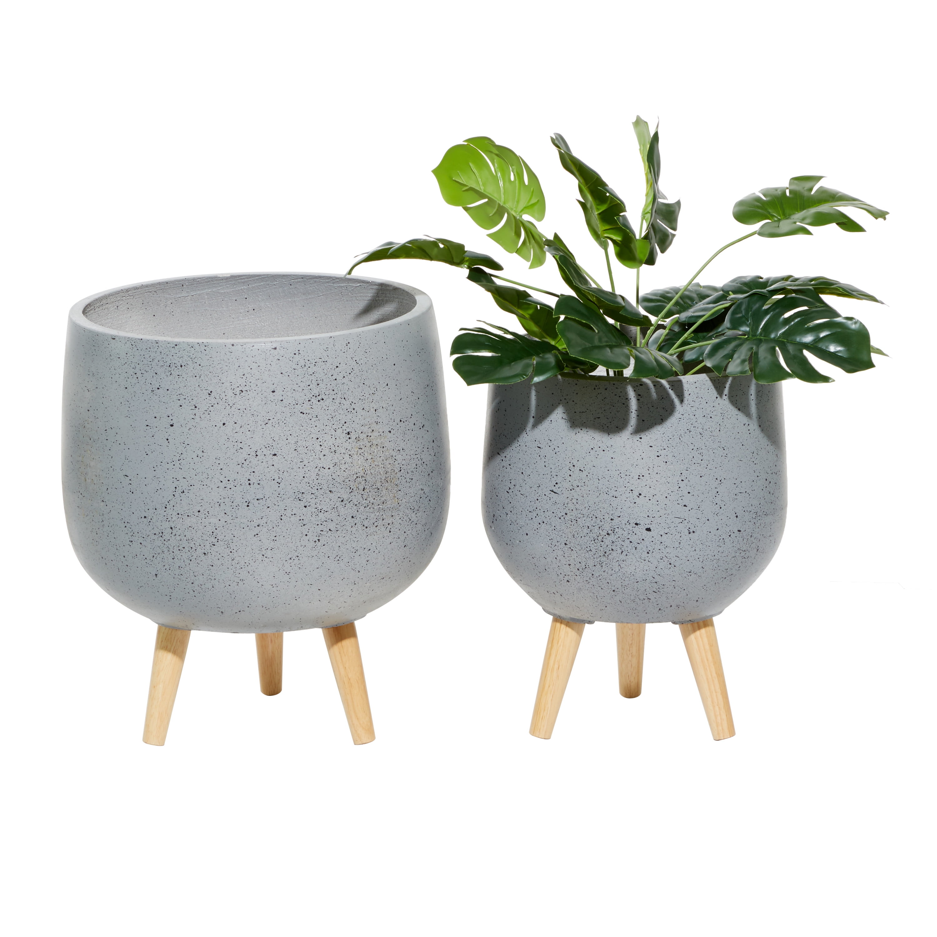 Chic Gray Marble Textured Fiber Clay Planter Set on Wooden Tripod Legs ...