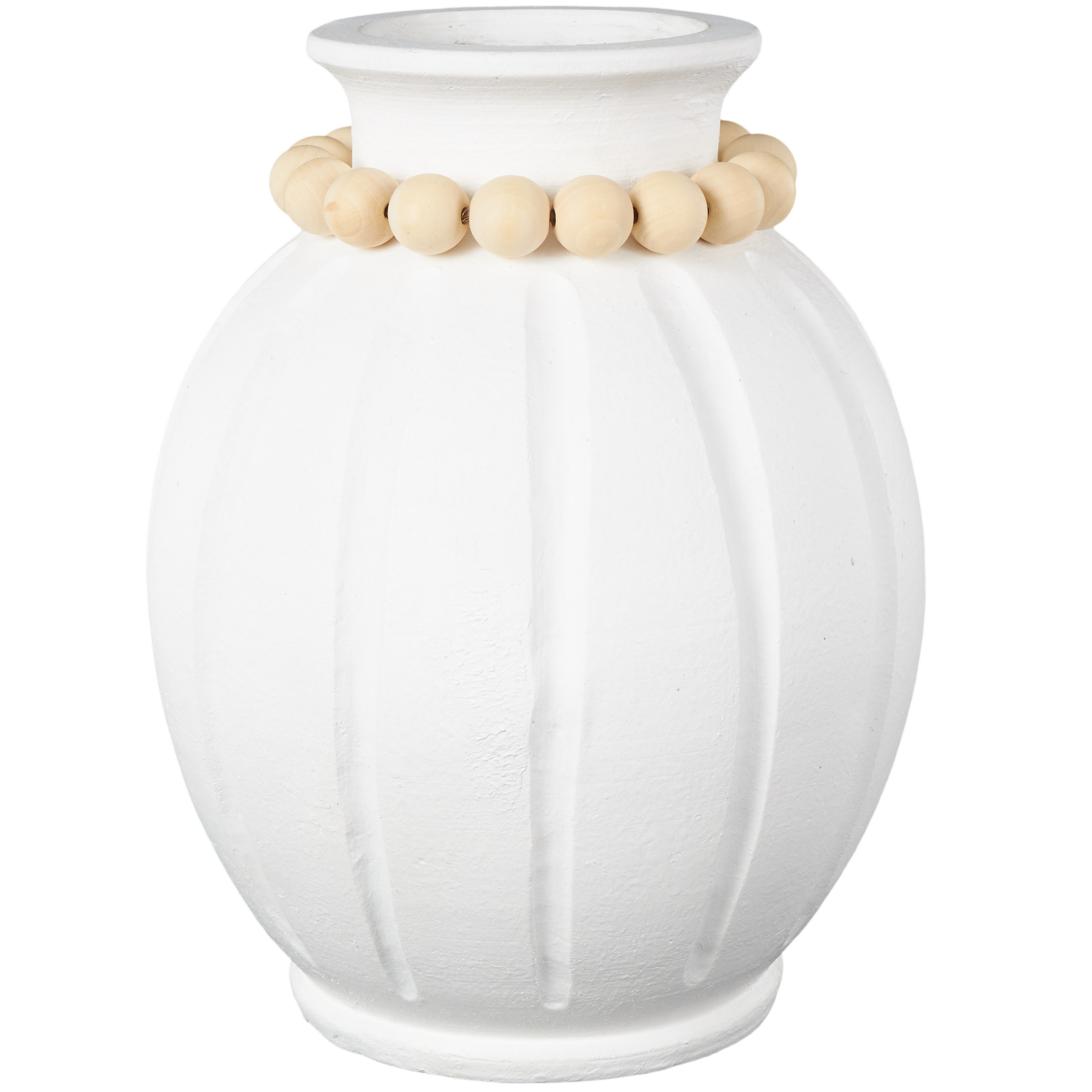 DecMode 15" Wide White Magnesium Oxide Vase with Light Brown Beads and ...